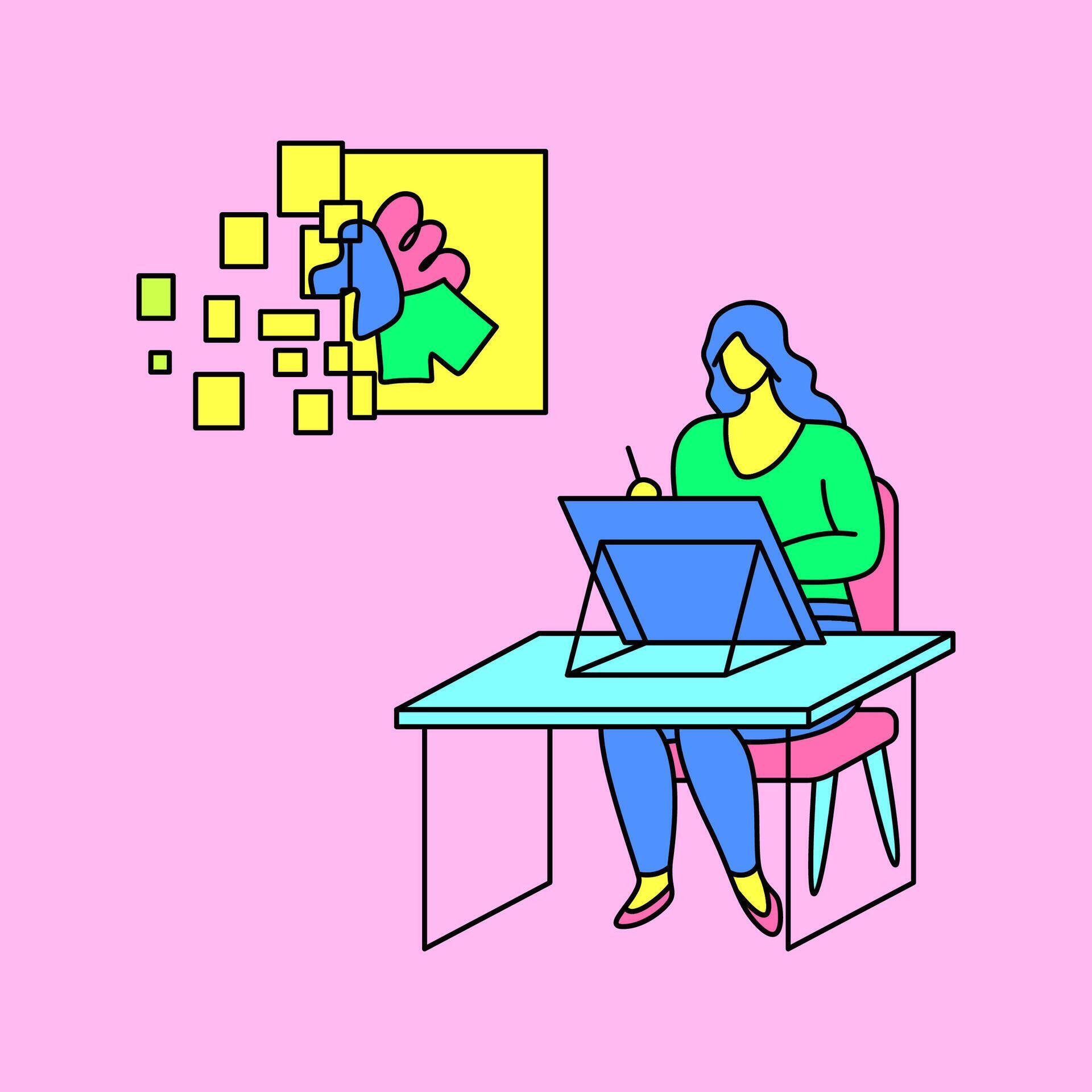 Character Girl Using Computer at Sitting at Desk Digital Art Concept ...