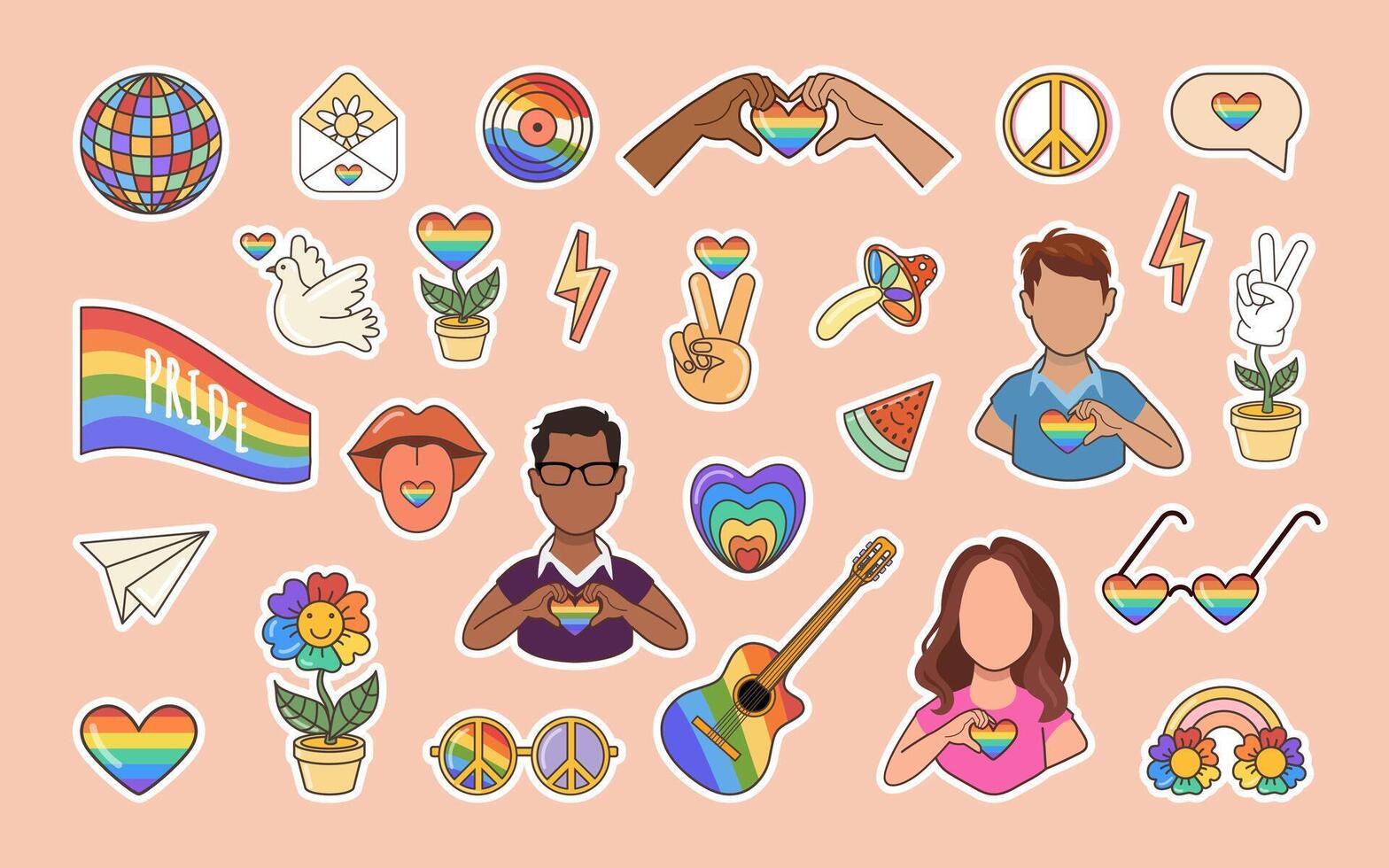 LGBTQ set. Symbols of the LGBT pride community. LGBT stickers on pink ...