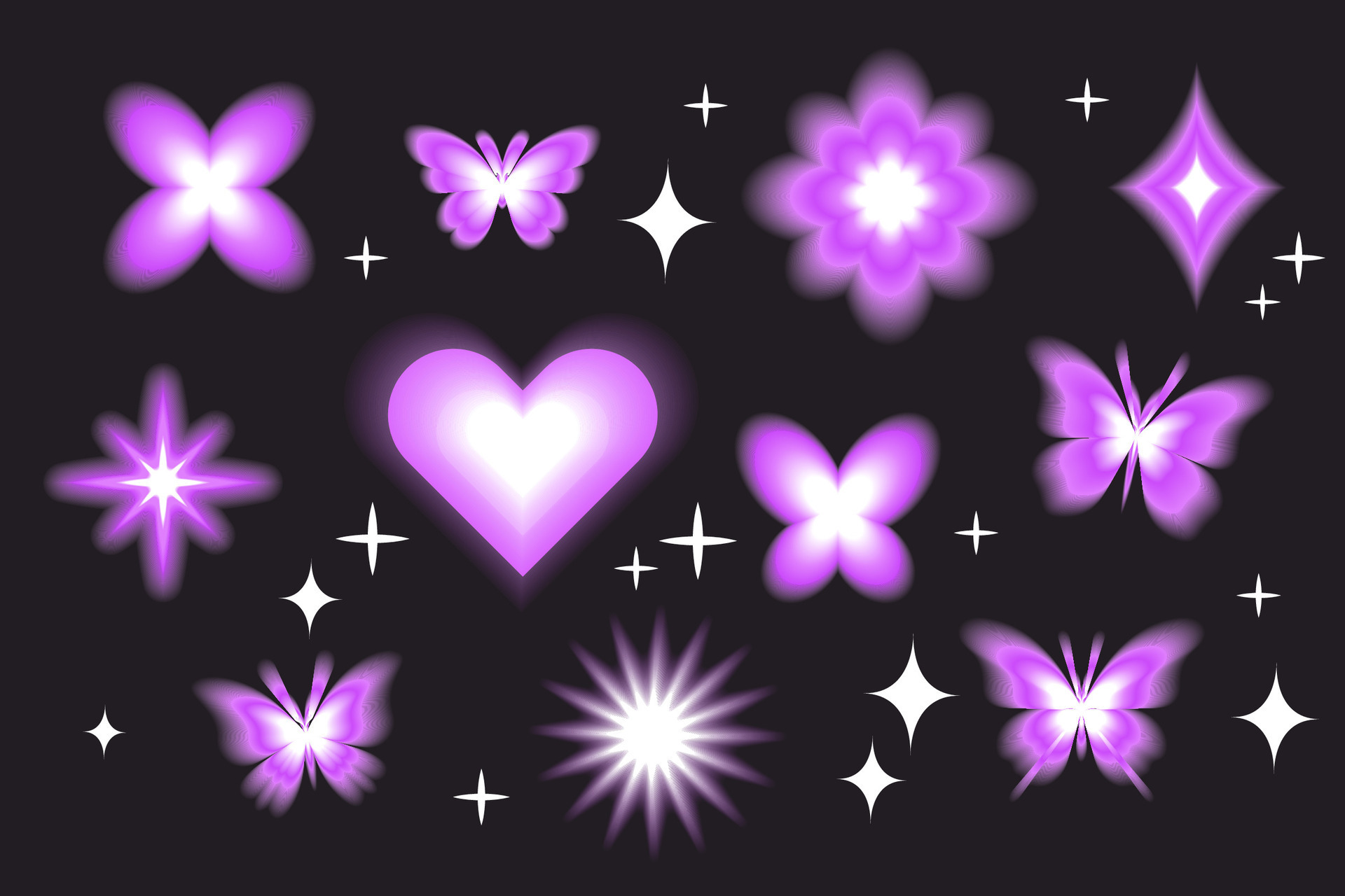 Aura Y2k blurred gragient set unfocused shapes, abstract geometric shapes, star, heart, flower ...