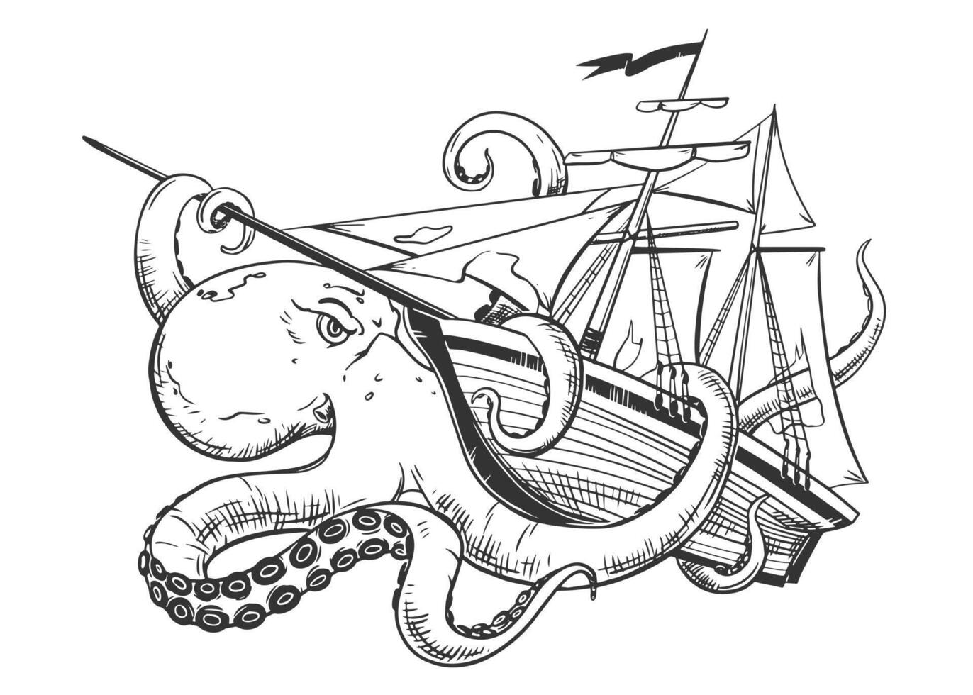 Giant octopus catches old style sail ship hand drawn illustration ... Giant octopus catches old style sail ship hand drawn illustration ...