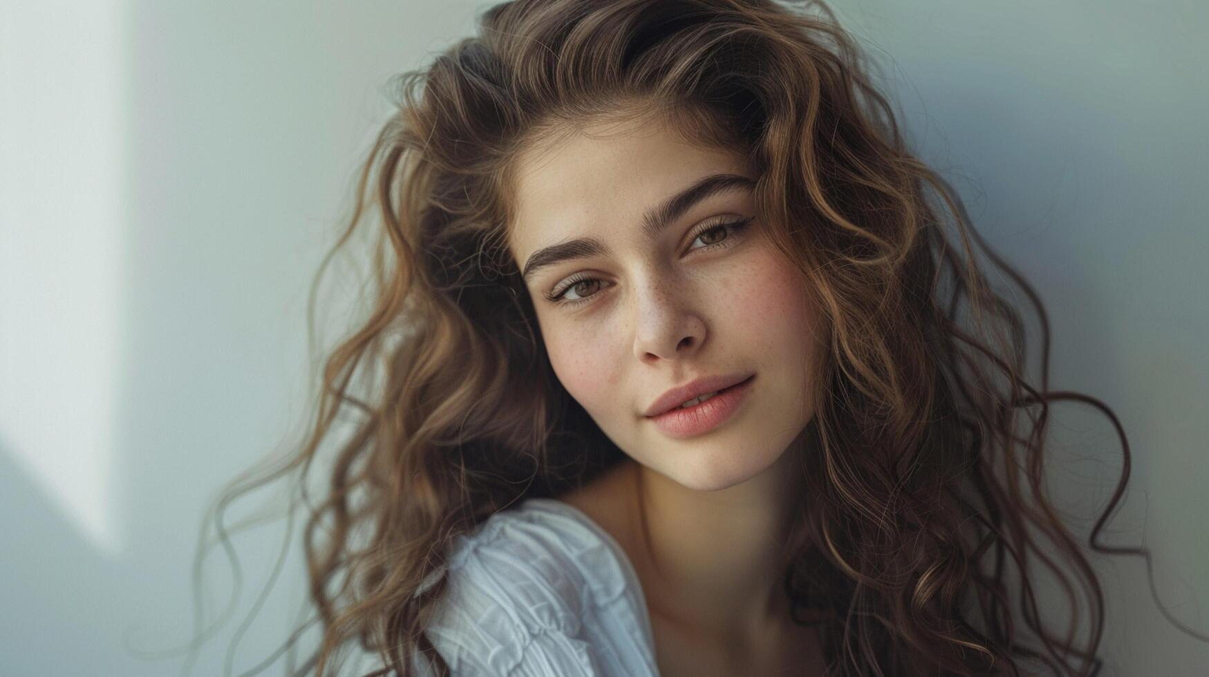 beautiful young woman with long curly brown hair 44156994 Stock Photo ...