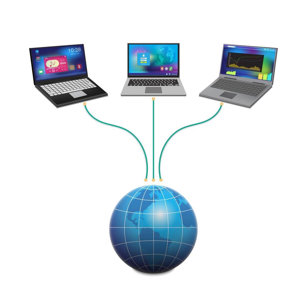 3D three laptops are connecting to the internet. Global network ...