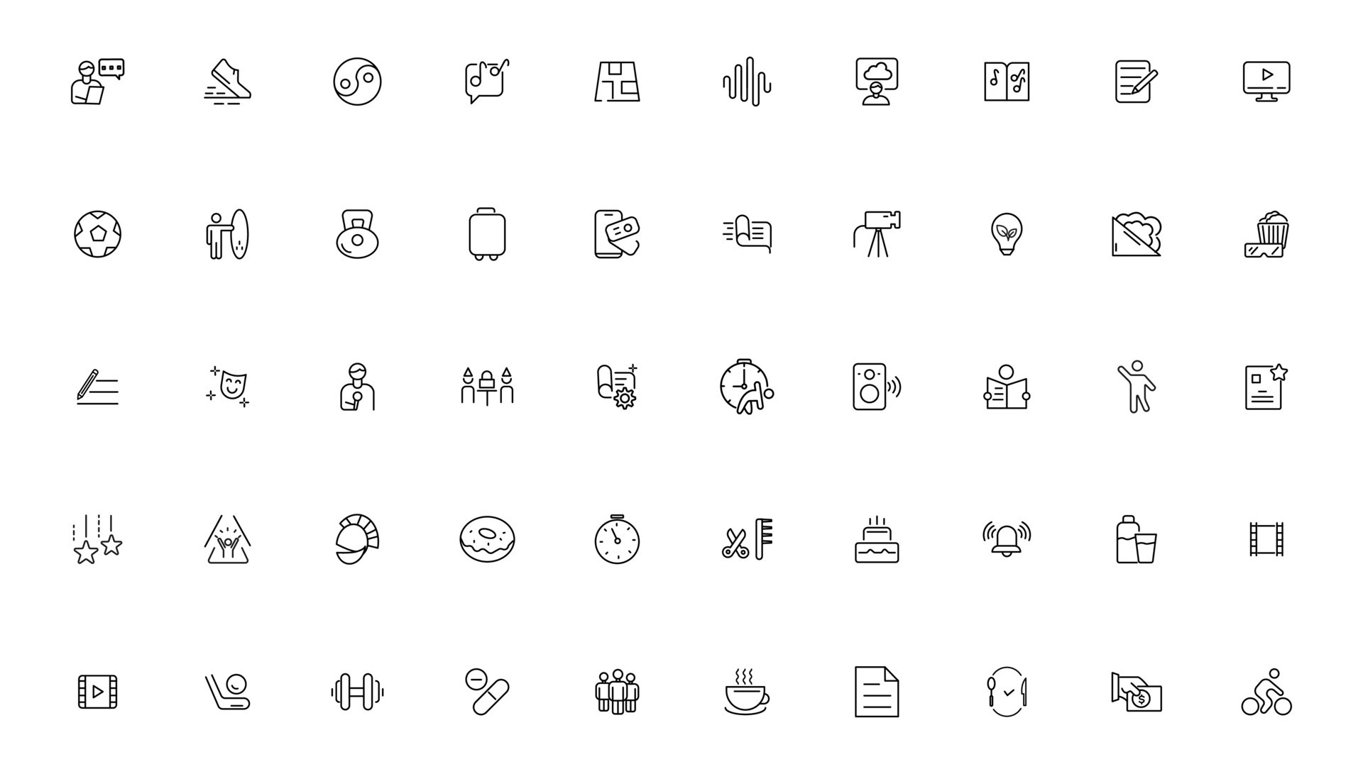 Hobby and recreation linear icons collection.Set of thin line web icon set, simple outline icons ...