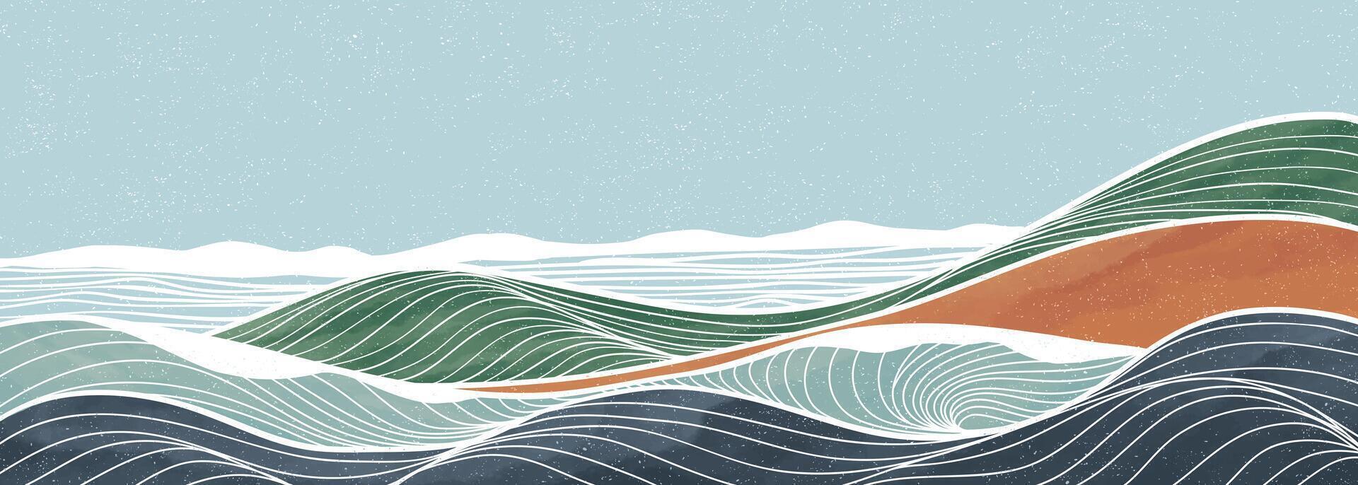 Abstract Ocean wave illustration. Creative minimalist modern paint and line art print. Abstract ...