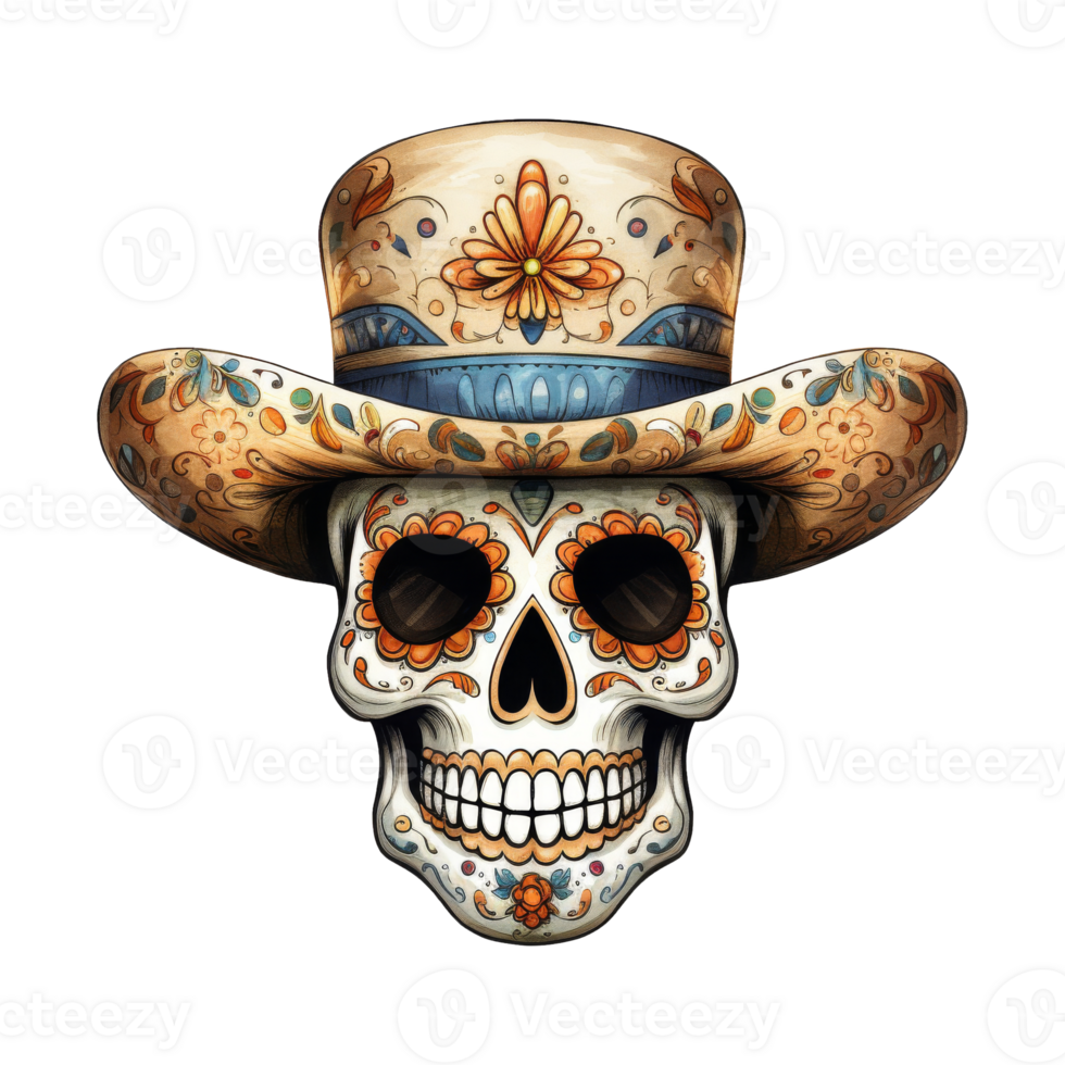 Festive Sugar Skulls Adorned With Colorful Hats 44175425 Png