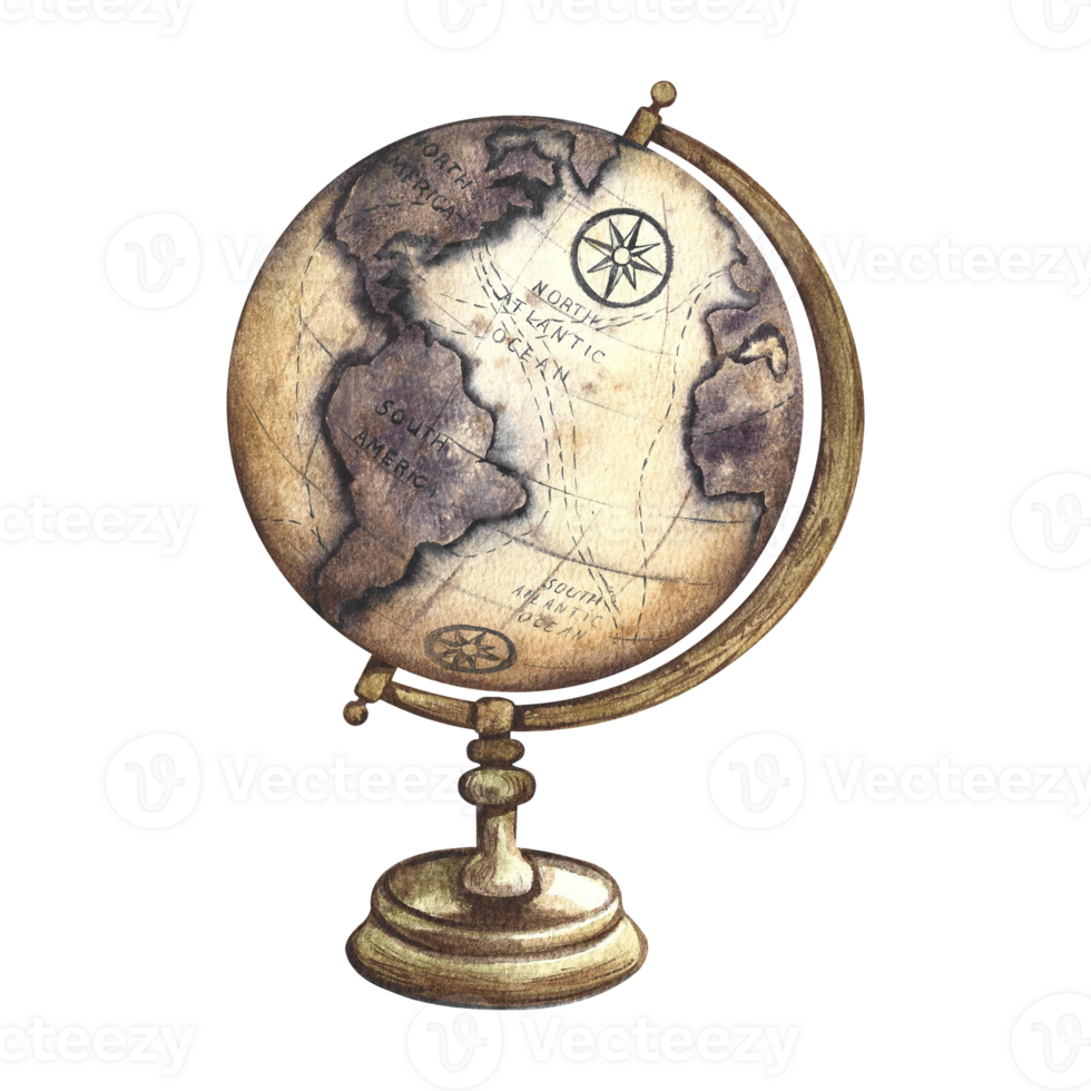 Vintage globe. Hand-drawn watercolor illustration of a vintage model of the earth on a wooden ...