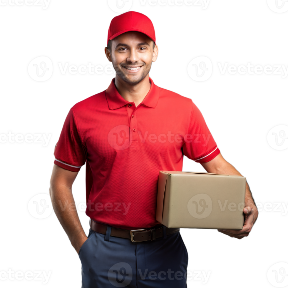 Friendly delivery man in red uniform holding a package 44207581 PNG Friendly delivery man in red uniform holding a package 44207581 PNG