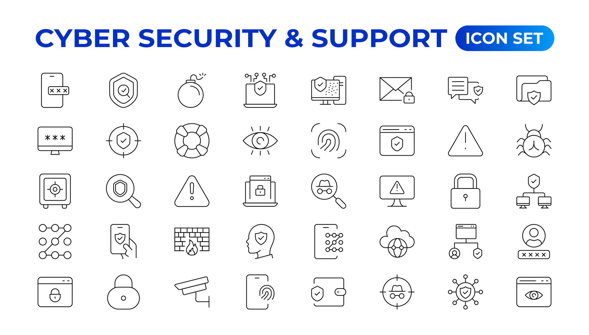 Cyber Security And Support Icon Set Data Protection Symbol Secured