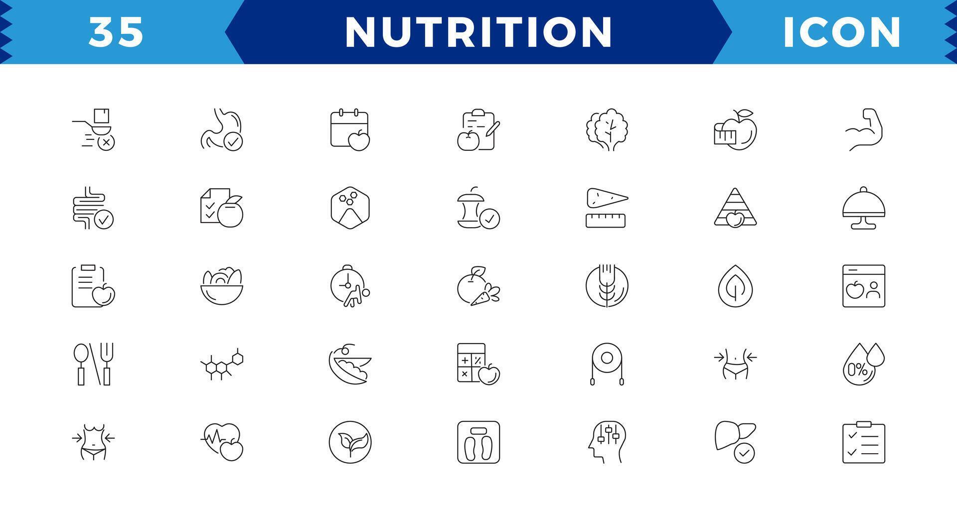Nutrition and healthy eating icon pack. Collection of thin line icons ...