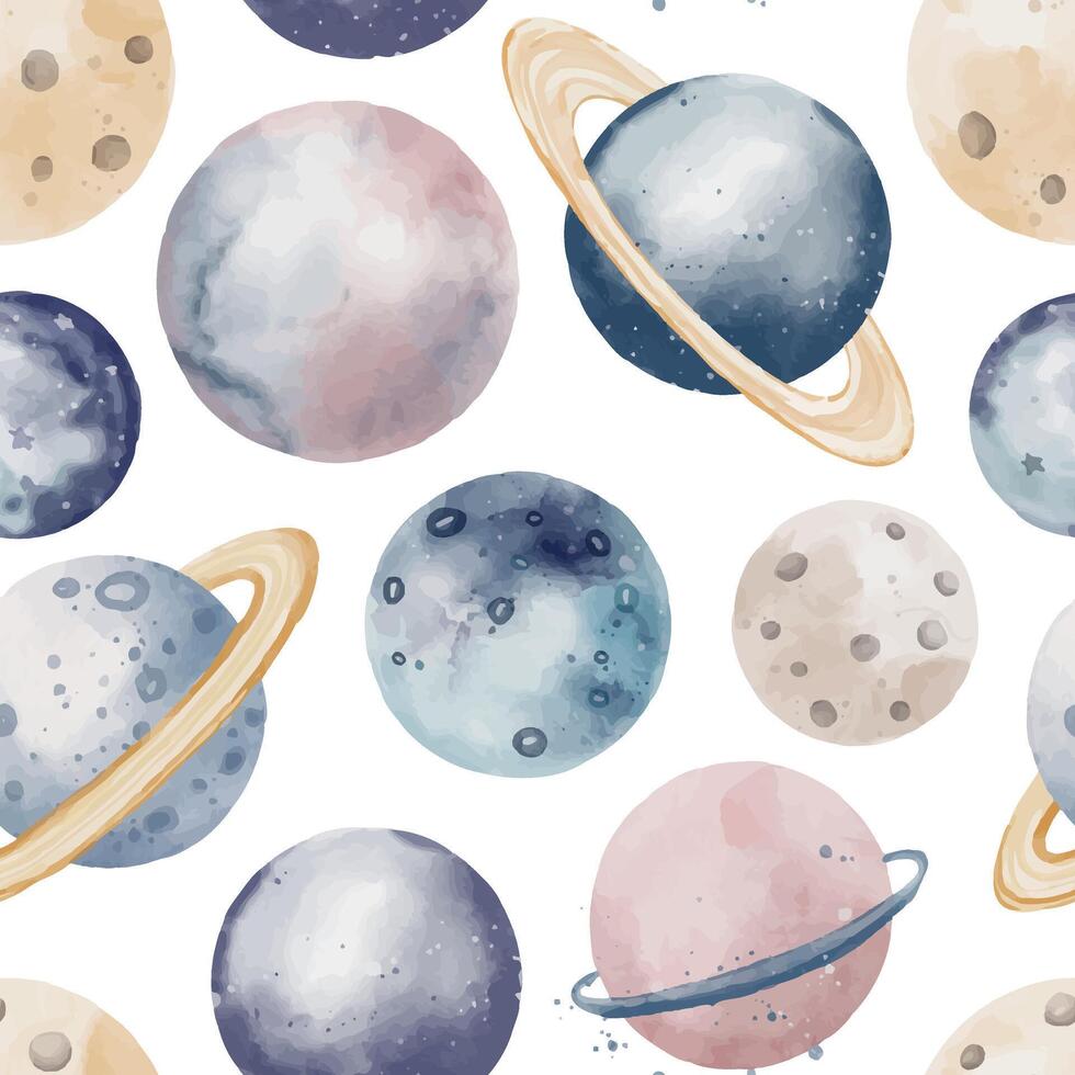 Watercolor seamless Pattern with Planets for baby design in pastel blue ...