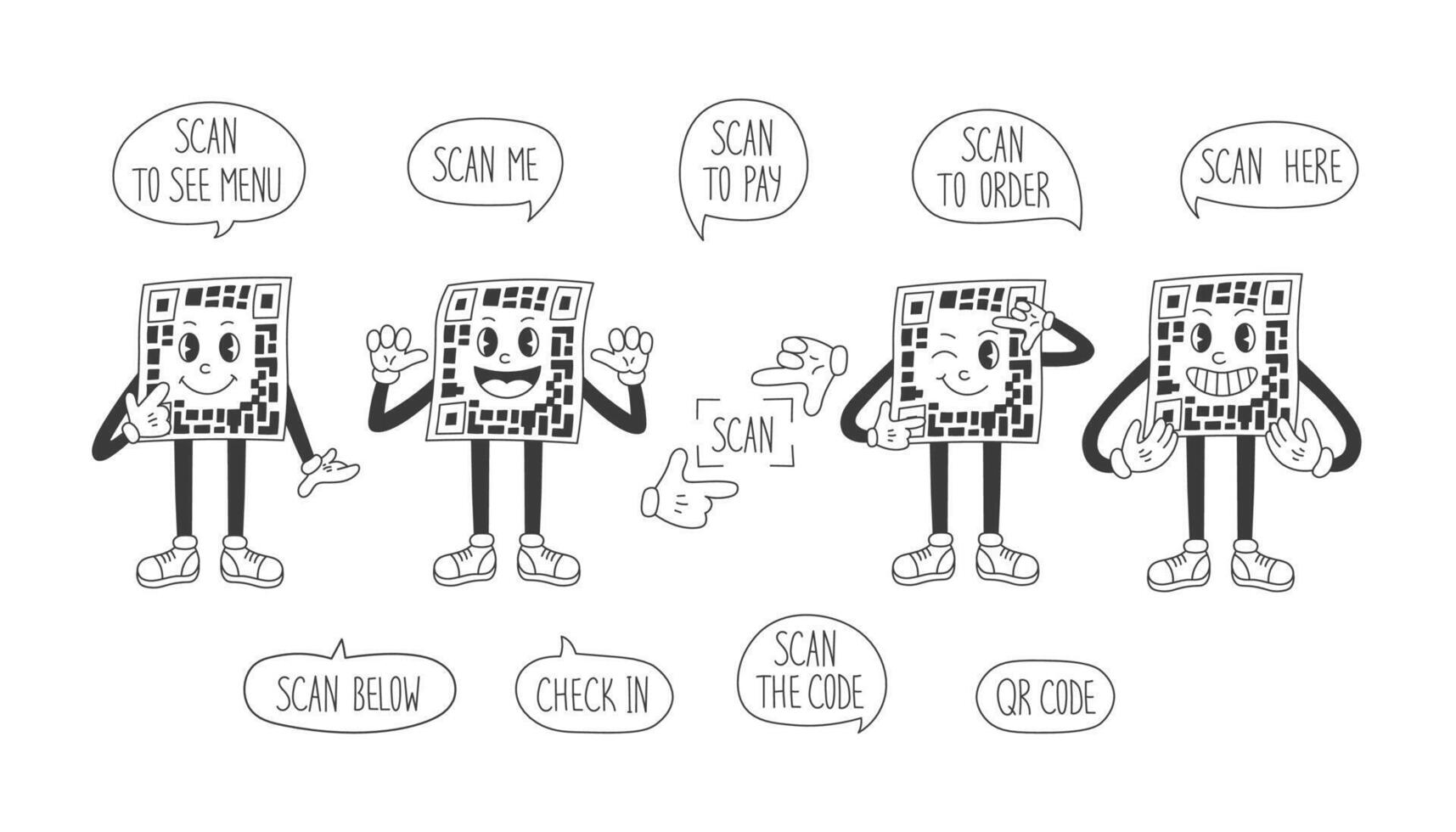 QR Code Scan Instruction Groovy characters set 44229280 Vector Art at Vecteezy