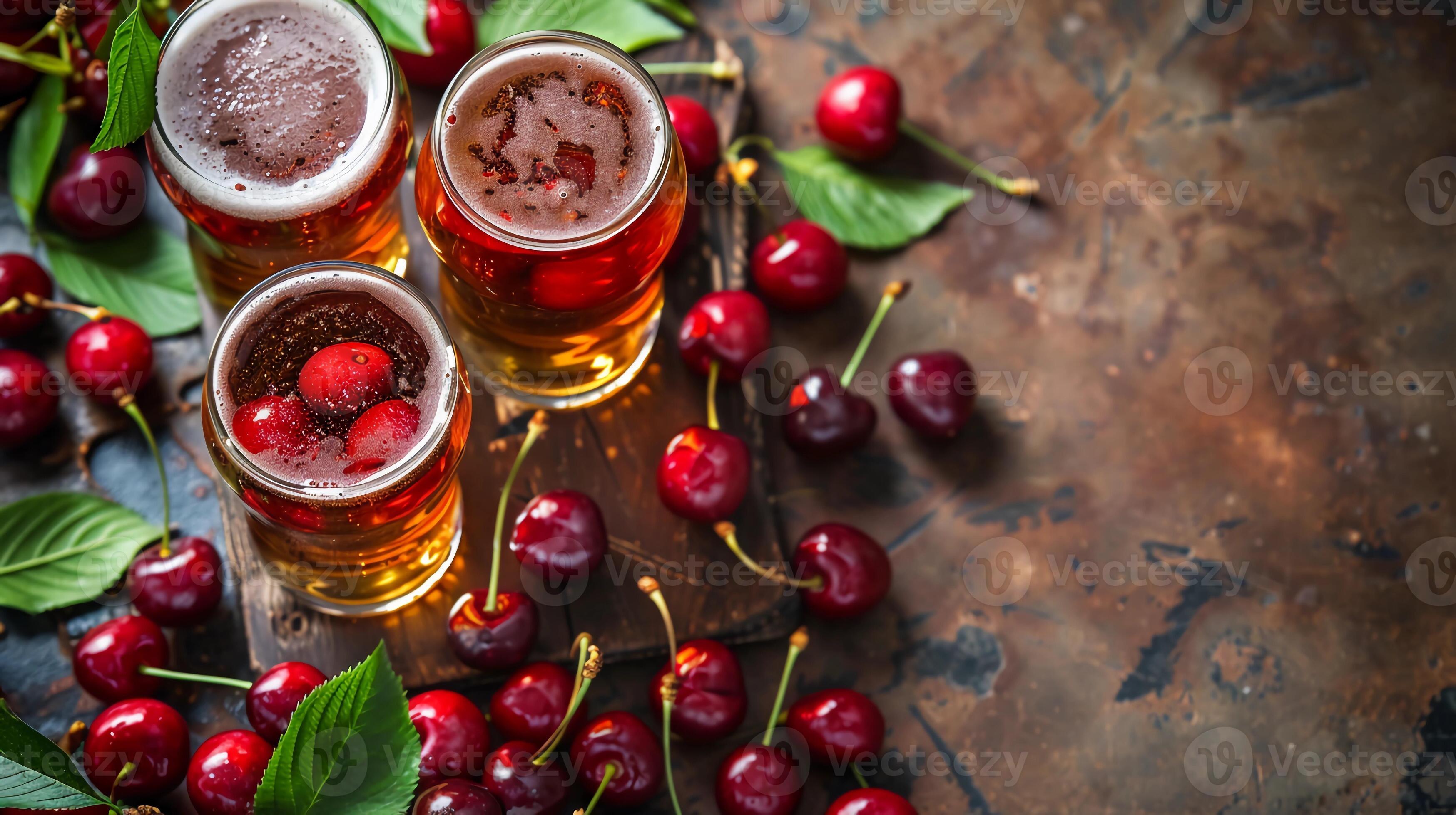 Glasses Of Sparkling Cherry Beer On Rustic Table, Fresh Cherries In Foreground, Summer. 44232926 ...