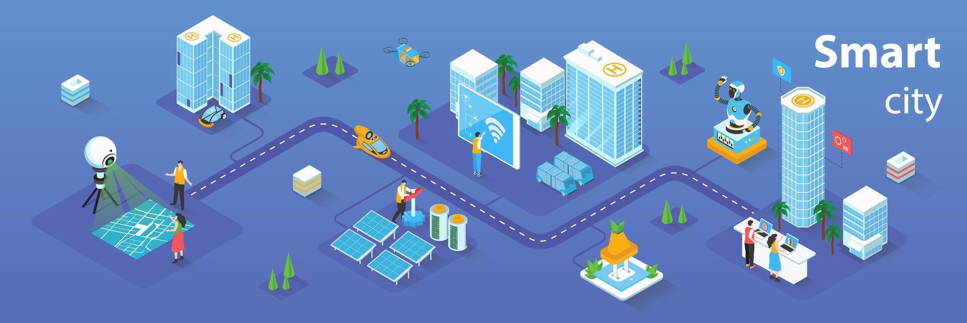 Smart city concept 3d isometric infographics web banner. People live in ...