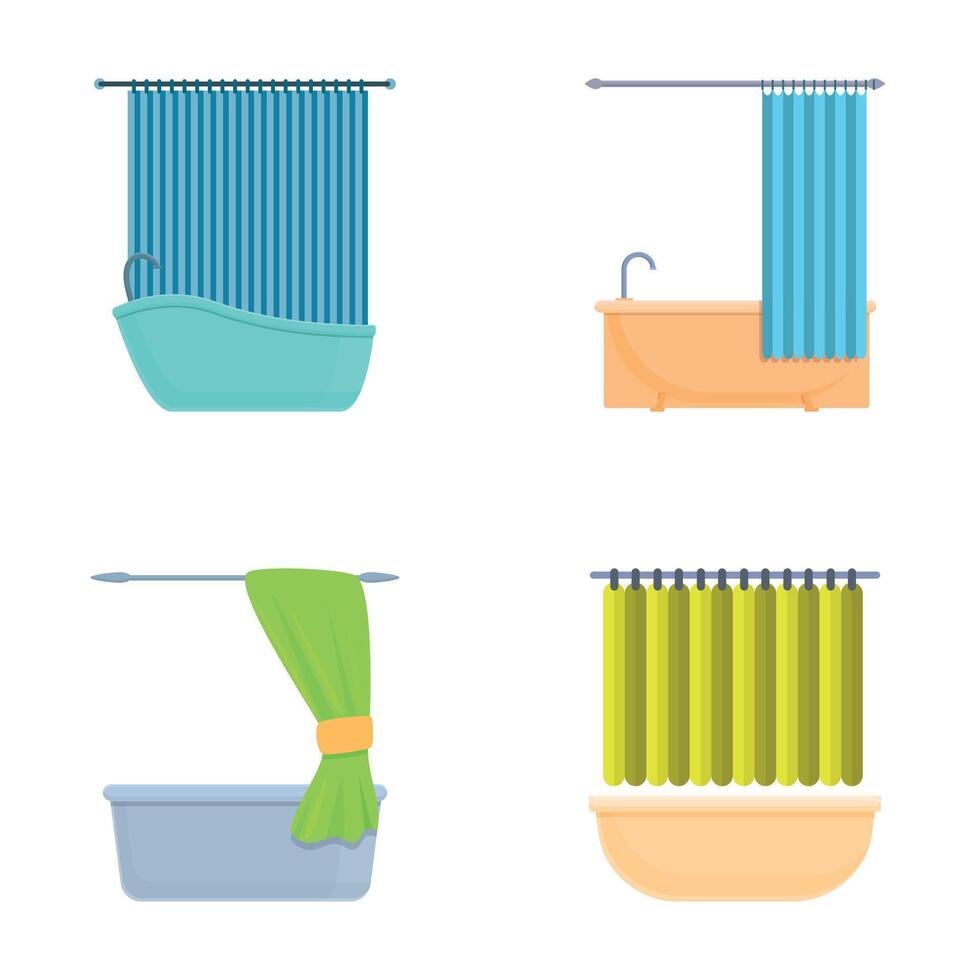 Bathtub Curtain Icons Set Cartoon Various Open And Closed Shower