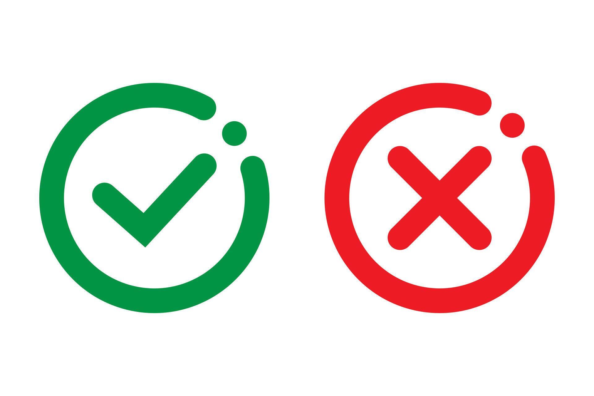 Right or wrong icons. Green tick and red cross checkmarks in circle flat icons. Yes or no symbol ...