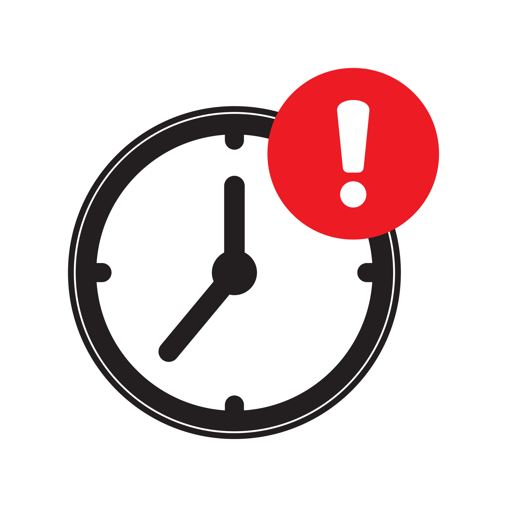 Clock time with exclamation mark. Expire icon. Delay symbol. Deadline ...