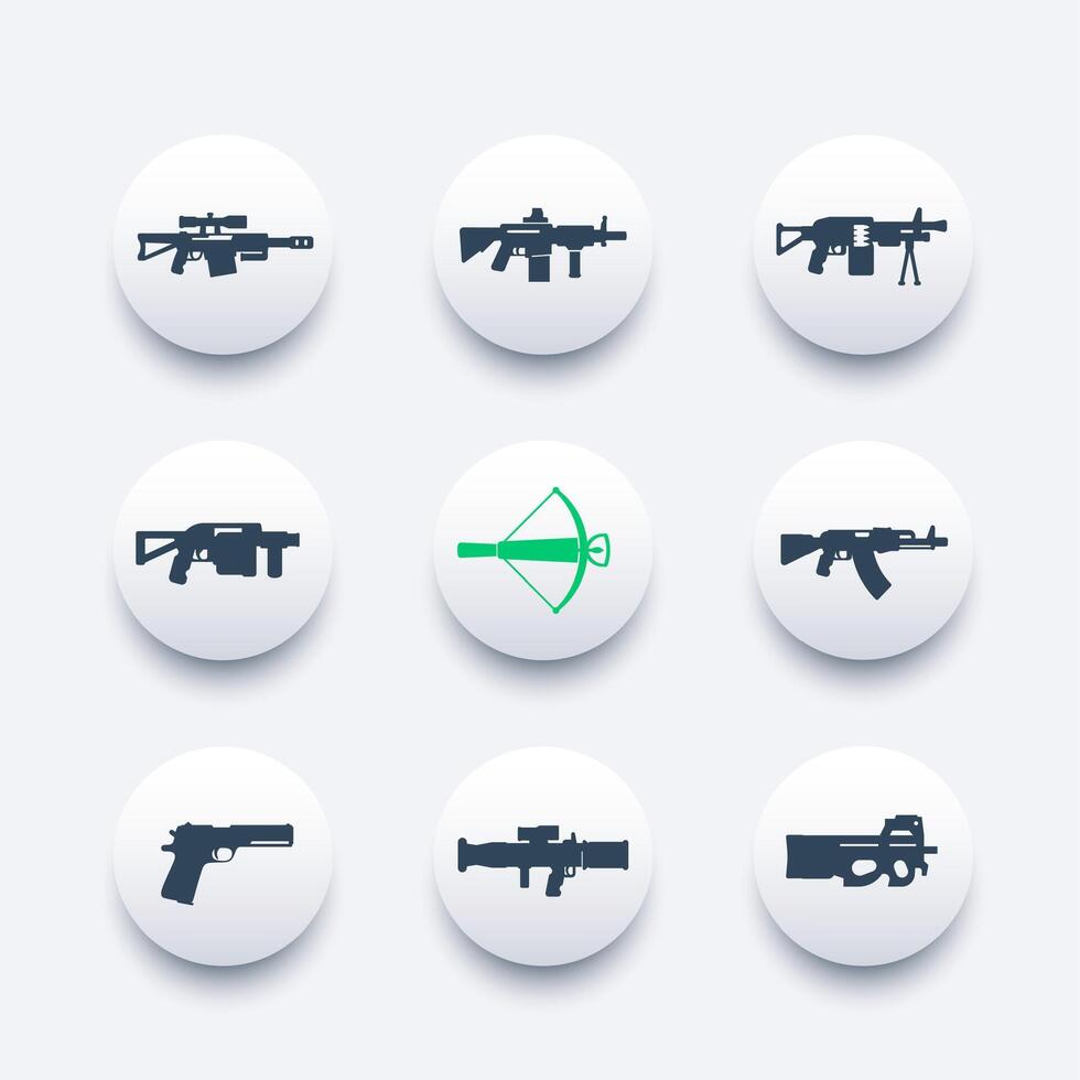 Weapons Firearms Icons Set Sniper And Assault Rifles Machine Gun Pistol Rocket Launcher