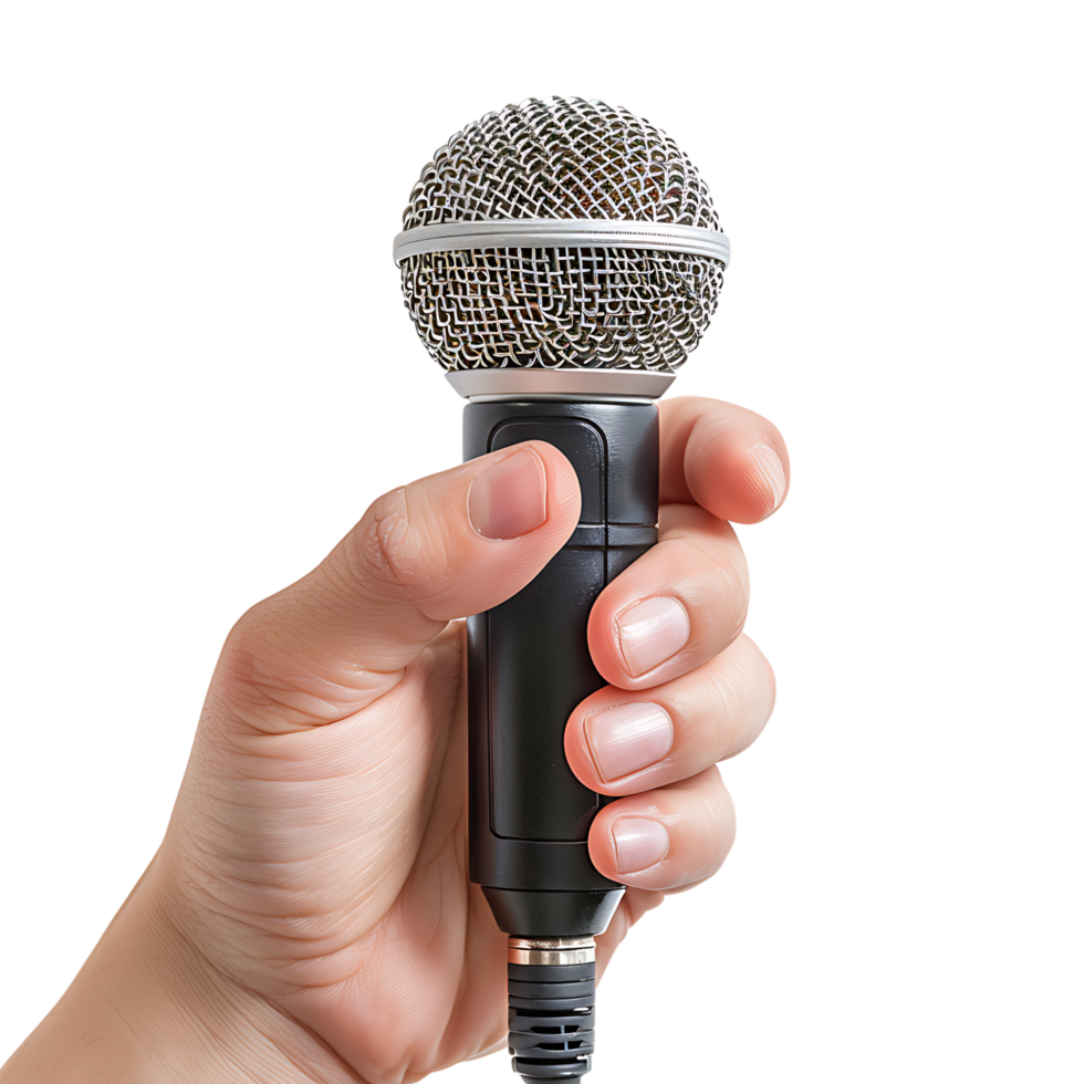 Hand holding giving microphone on isolated transparent background ... Hand holding giving microphone on isolated transparent background ...