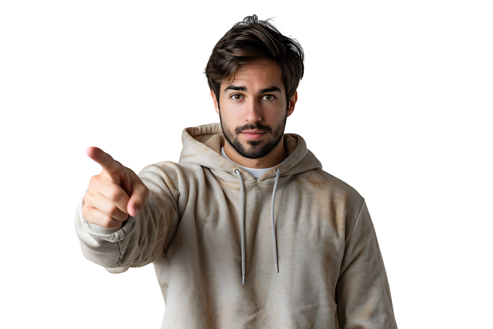 Portrait of man pointing at camera on isolated transparent background ...