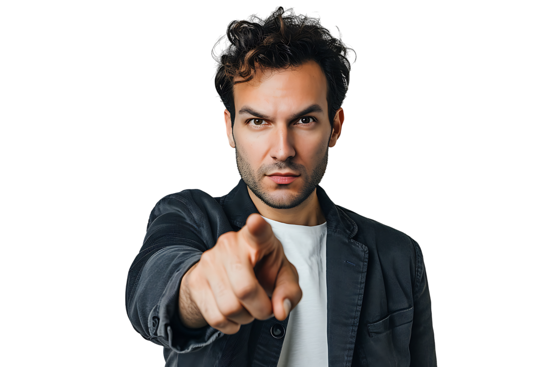 Portrait of man pointing at camera on isolated transparent background ...