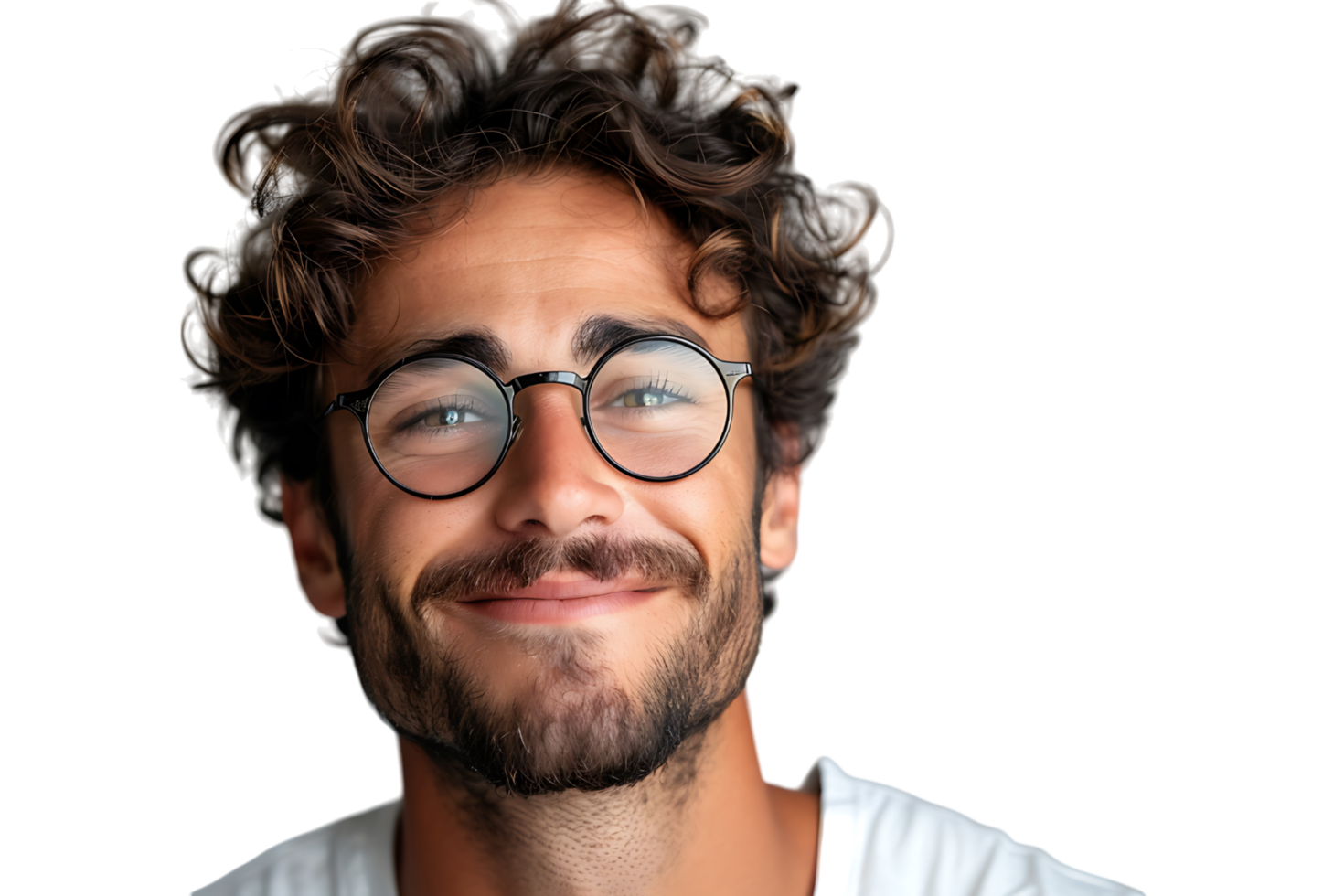Portrait of happy man in stylish glasses on isolated transparent ...