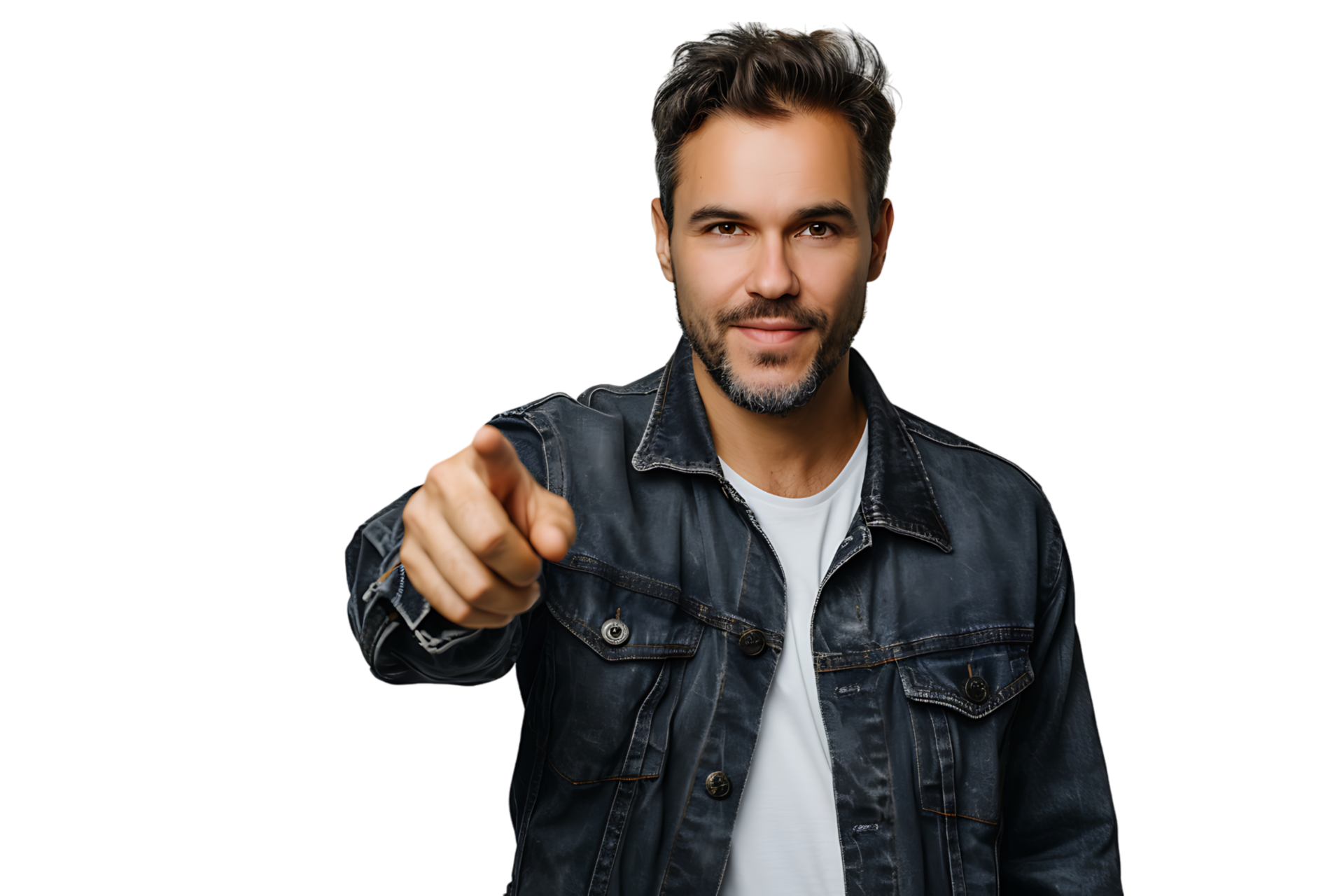 Portrait of man pointing at camera on isolated transparent background ...