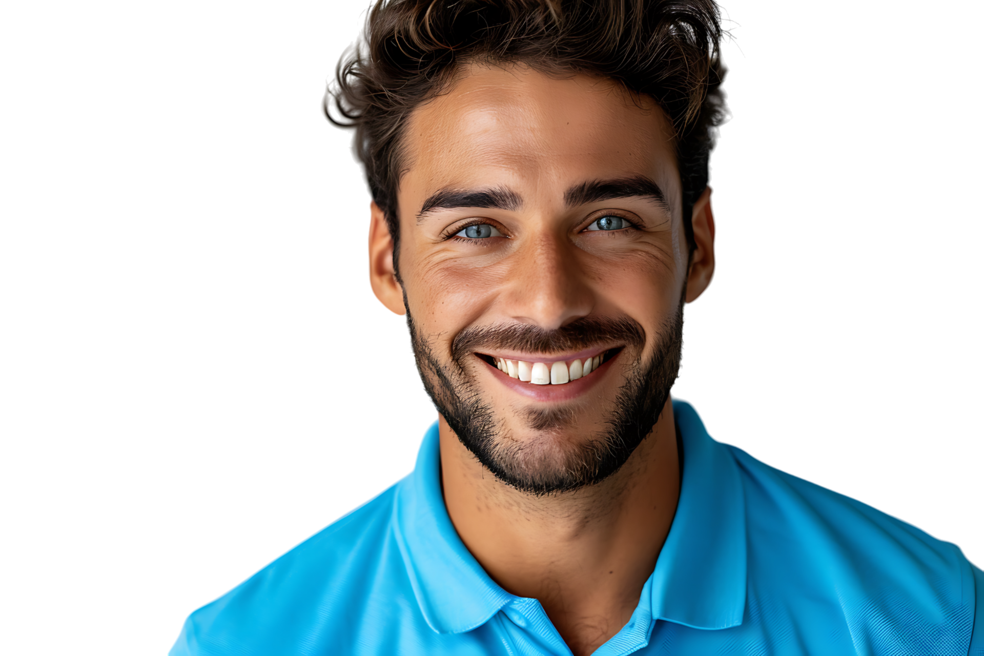 Close up portrait of young smiling handsome man in blue polo shirt on ...