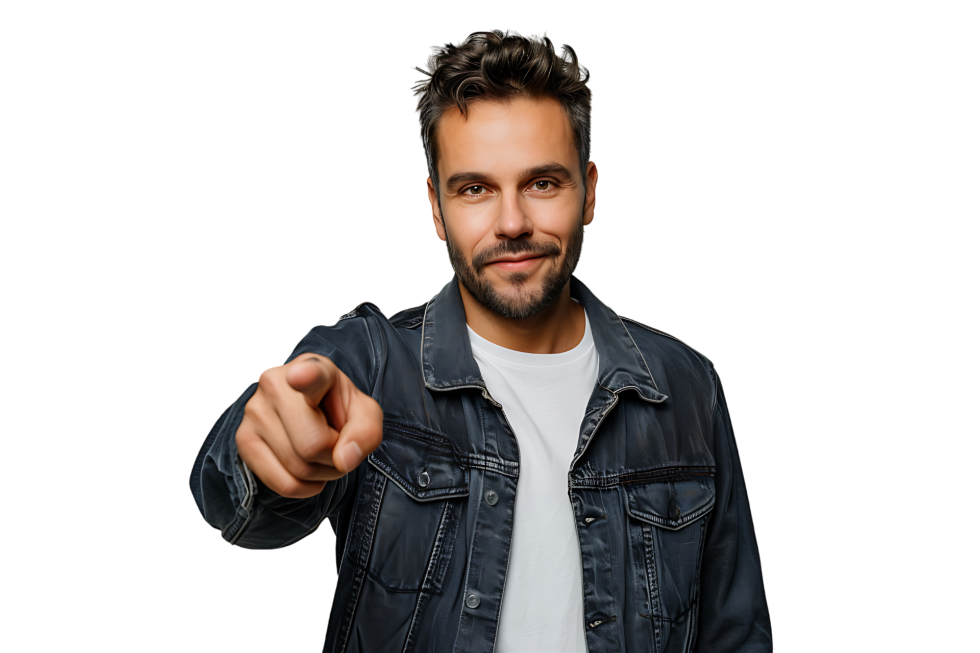 Portrait of man pointing at camera on isolated transparent background ...