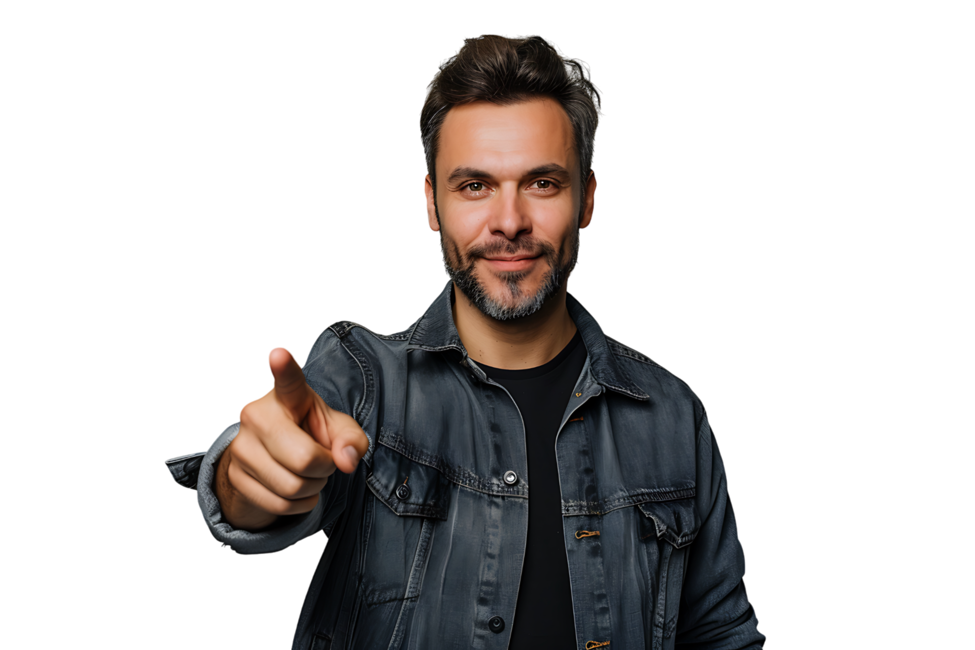 Portrait of man pointing at camera on isolated transparent background ...