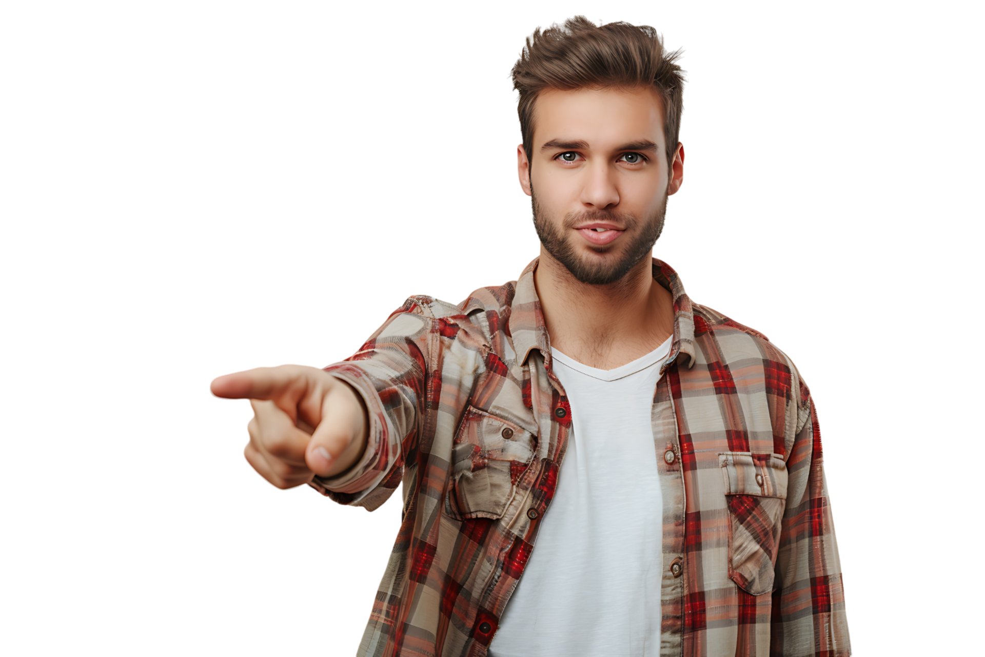Portrait of man pointing at camera on isolated transparent background ...