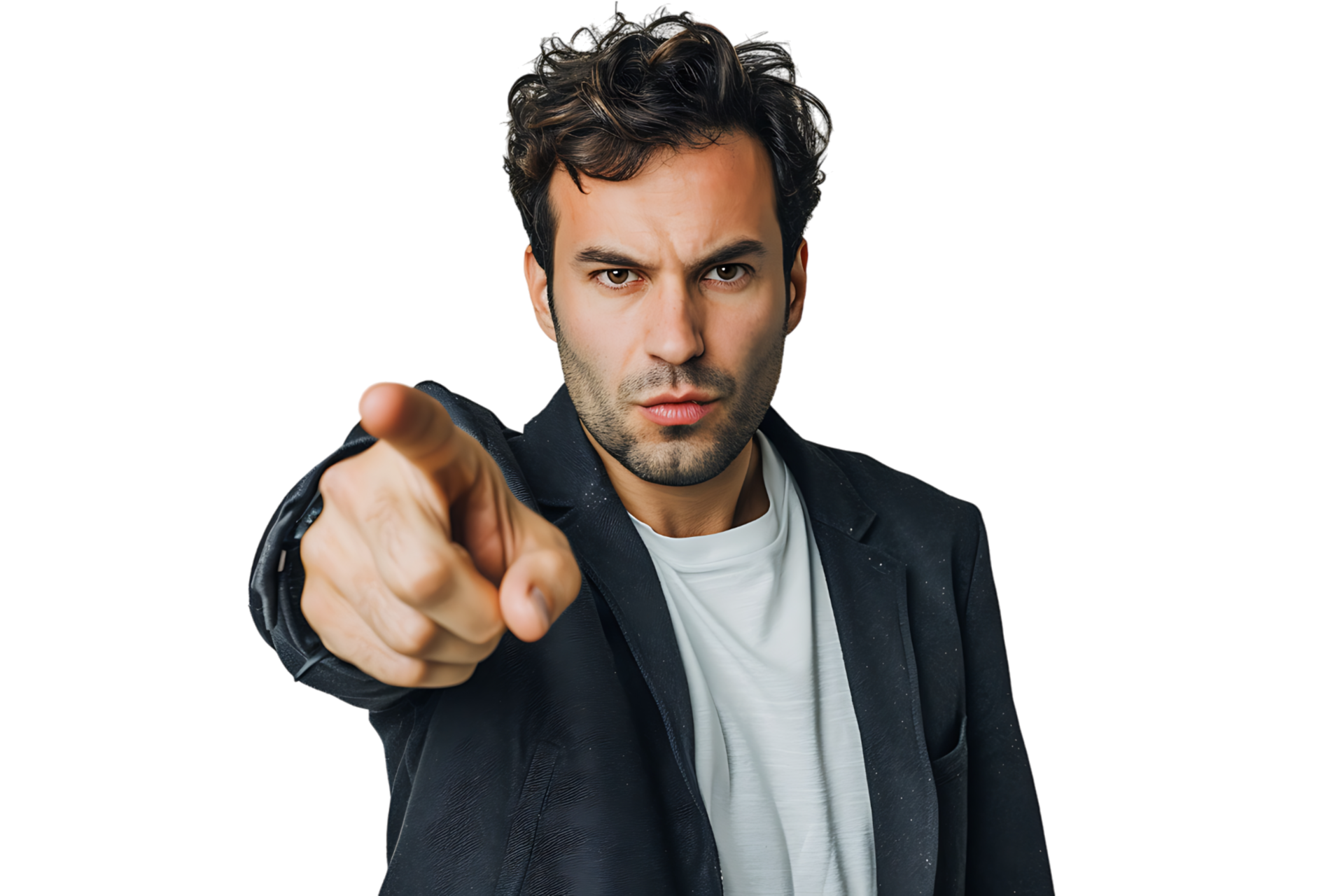 Portrait of man pointing at camera on isolated transparent background ...