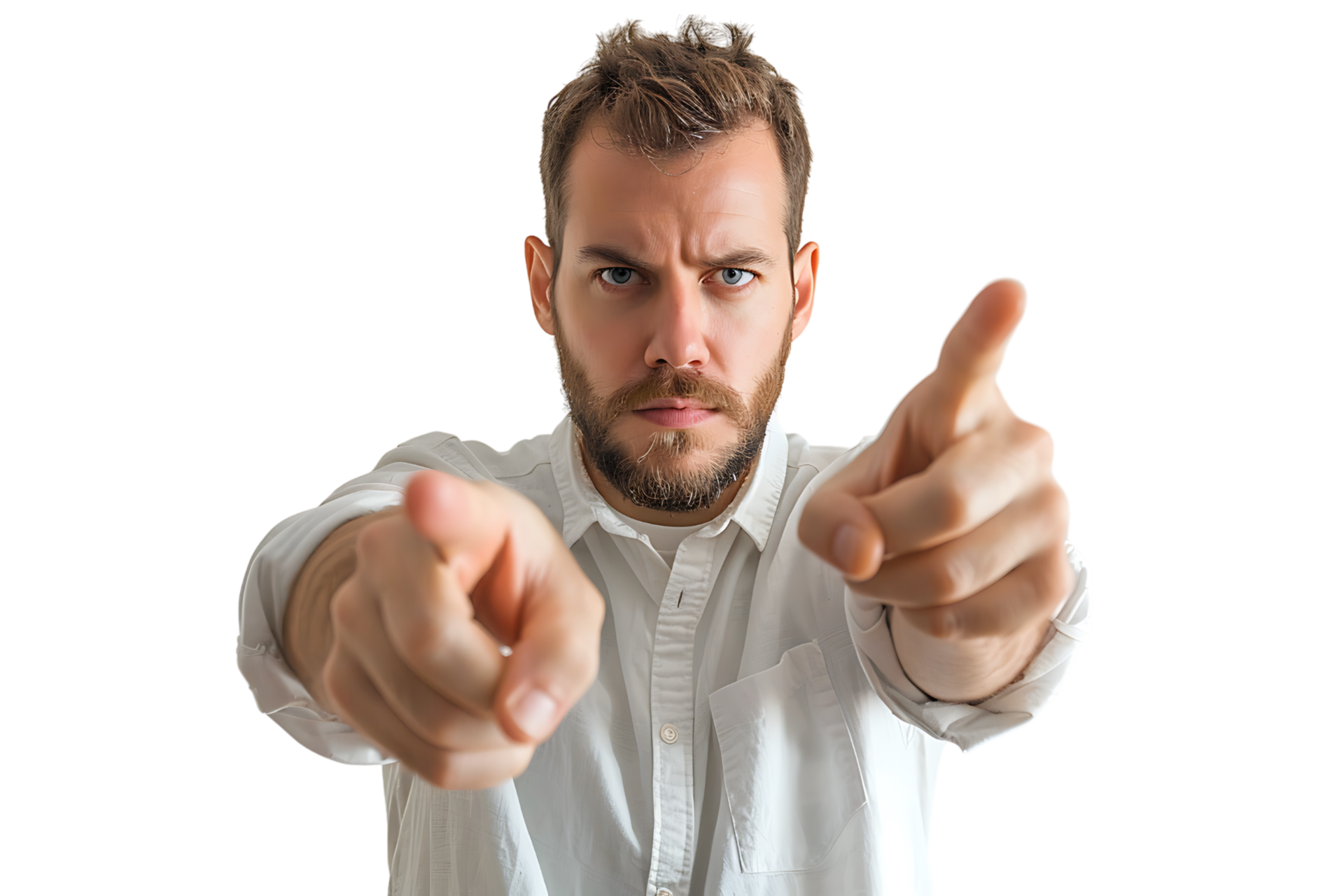 Portrait of man pointing at camera on isolated transparent background ...