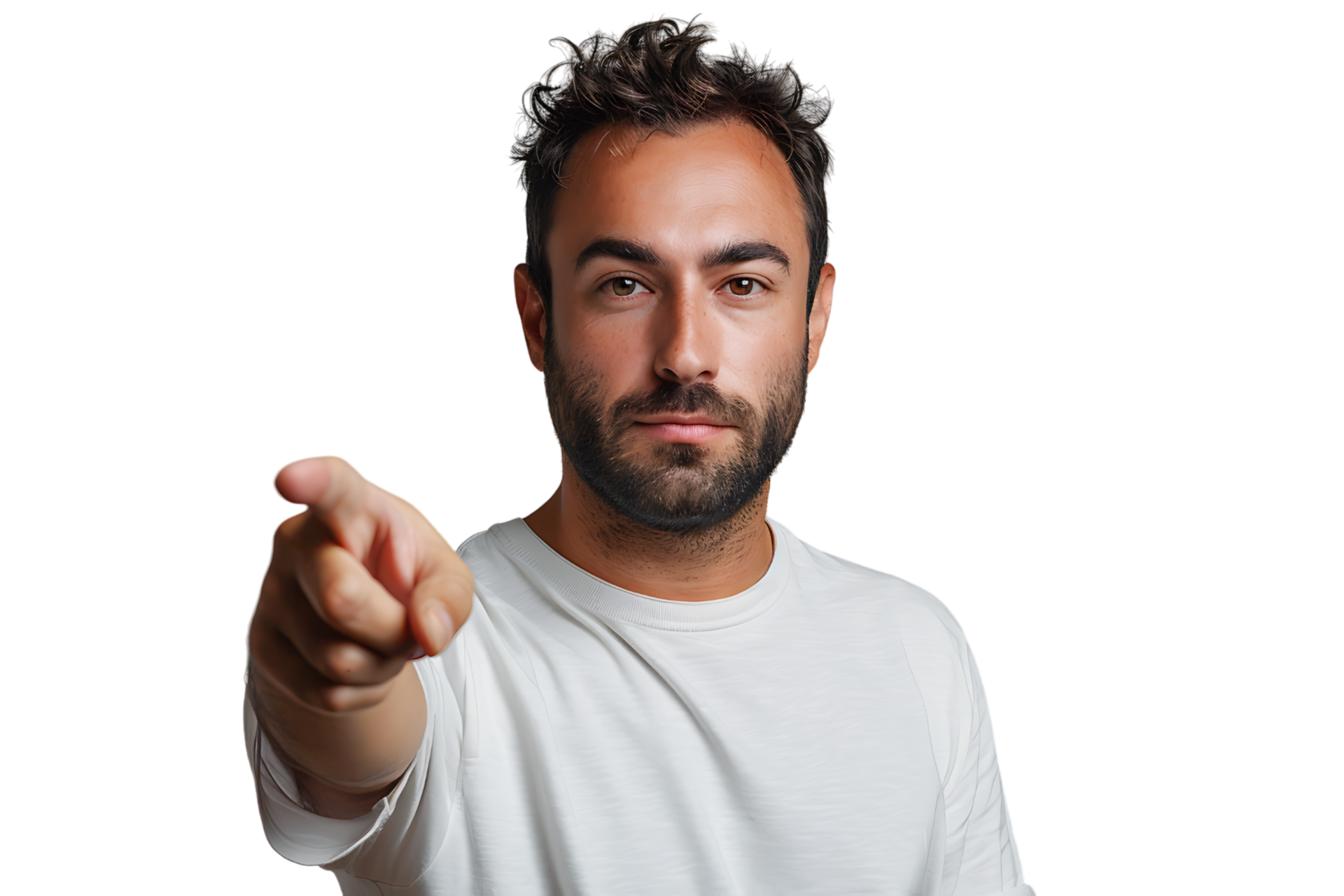 Portrait of man pointing at camera on isolated transparent background ...