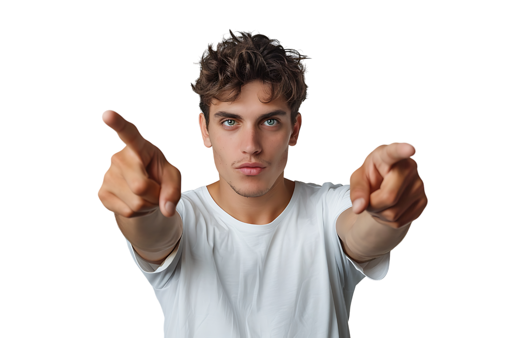Portrait of man pointing at camera on isolated transparent background ...