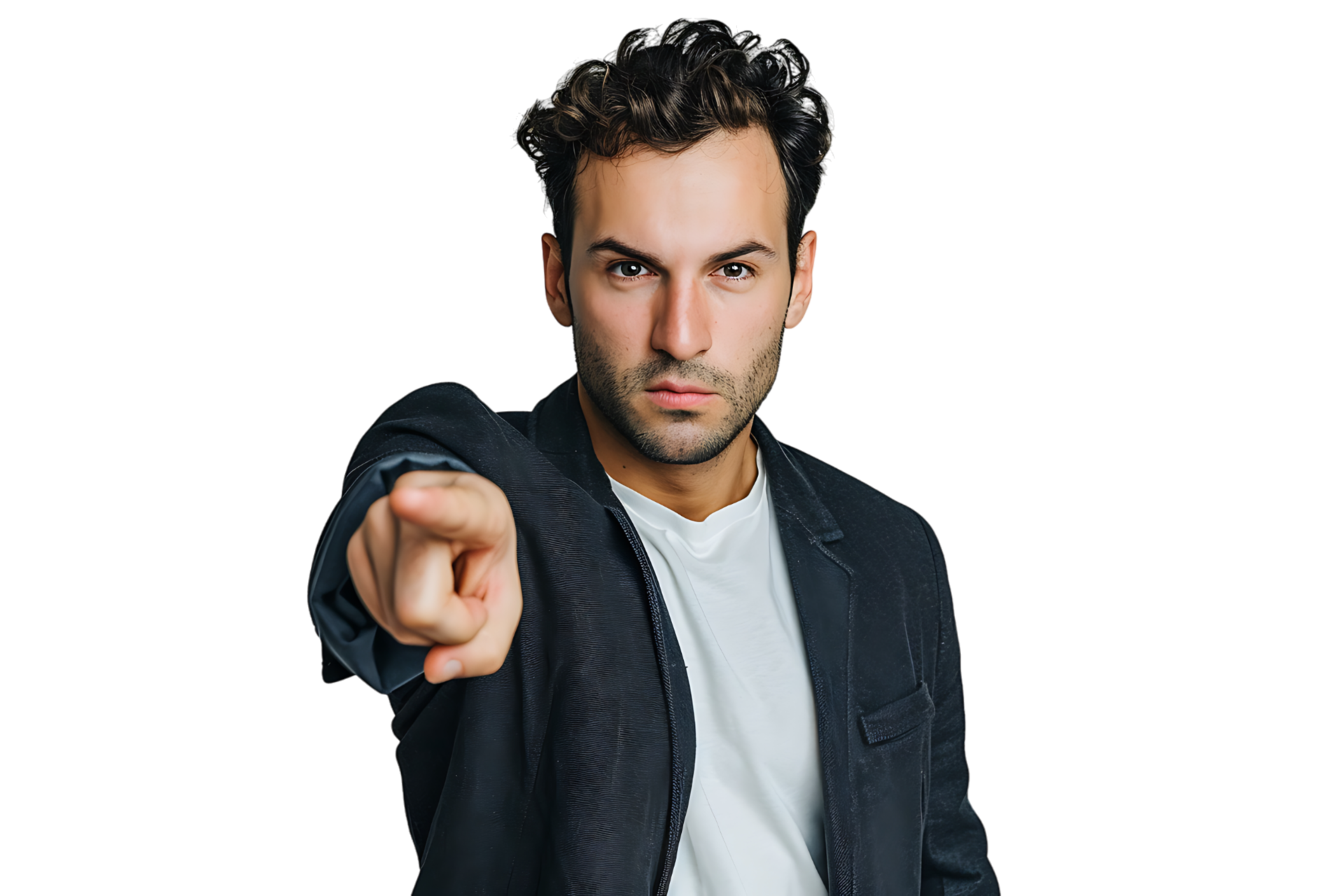 Portrait of man pointing at camera on isolated transparent background ...