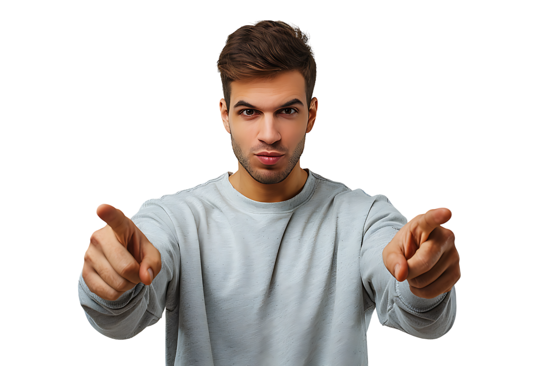 Portrait of man pointing at camera on isolated transparent background ...