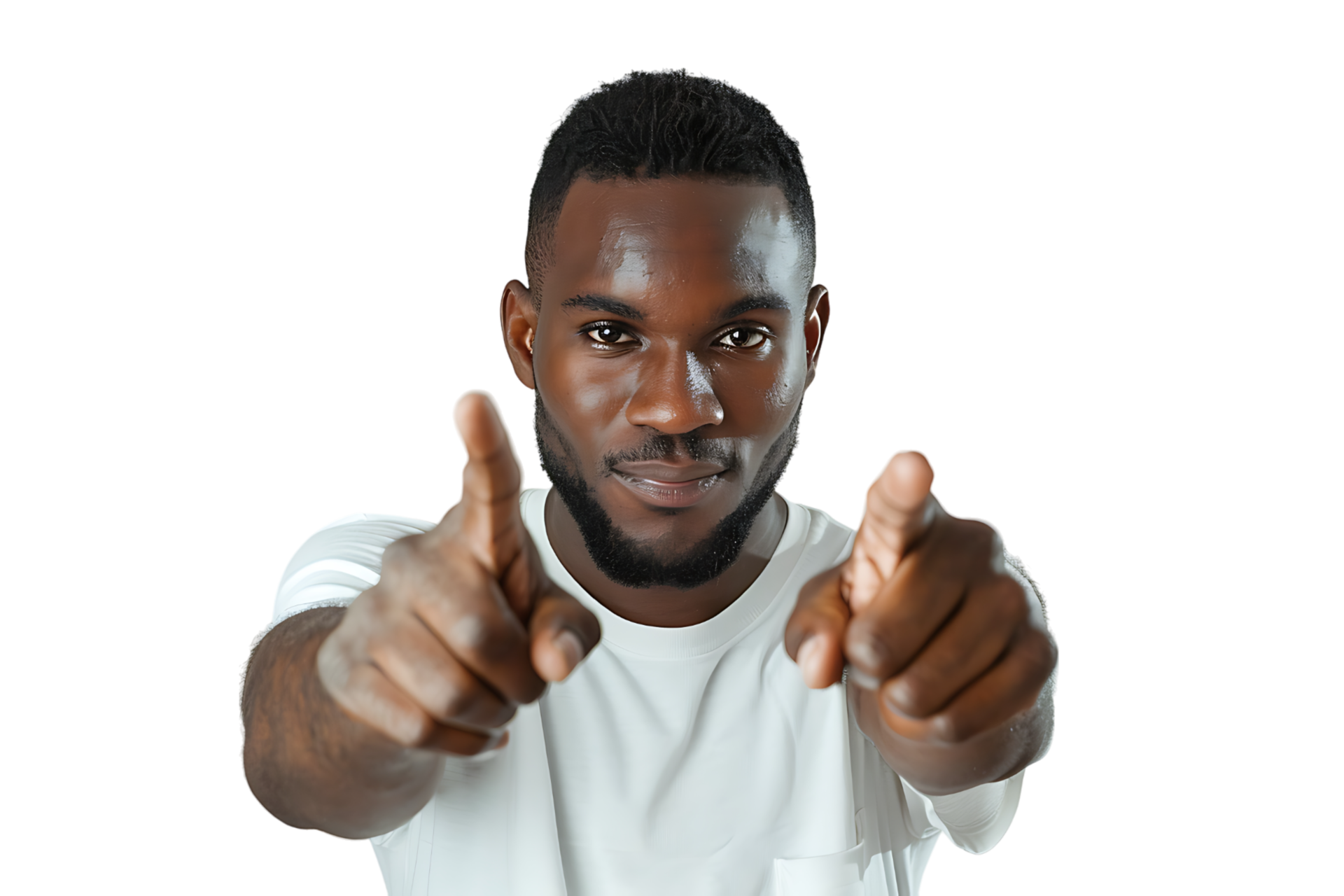 Portrait of man pointing at camera on isolated transparent background ...