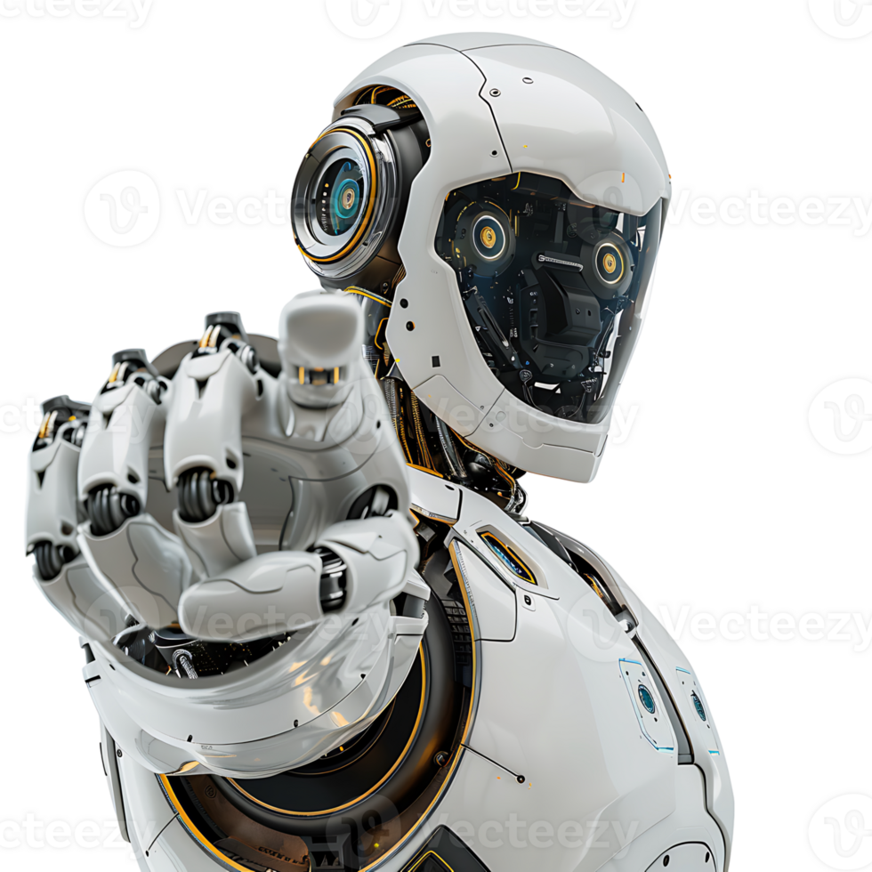 Ai android robot pointing hand at front on isolated transparent background 44277528 PNG