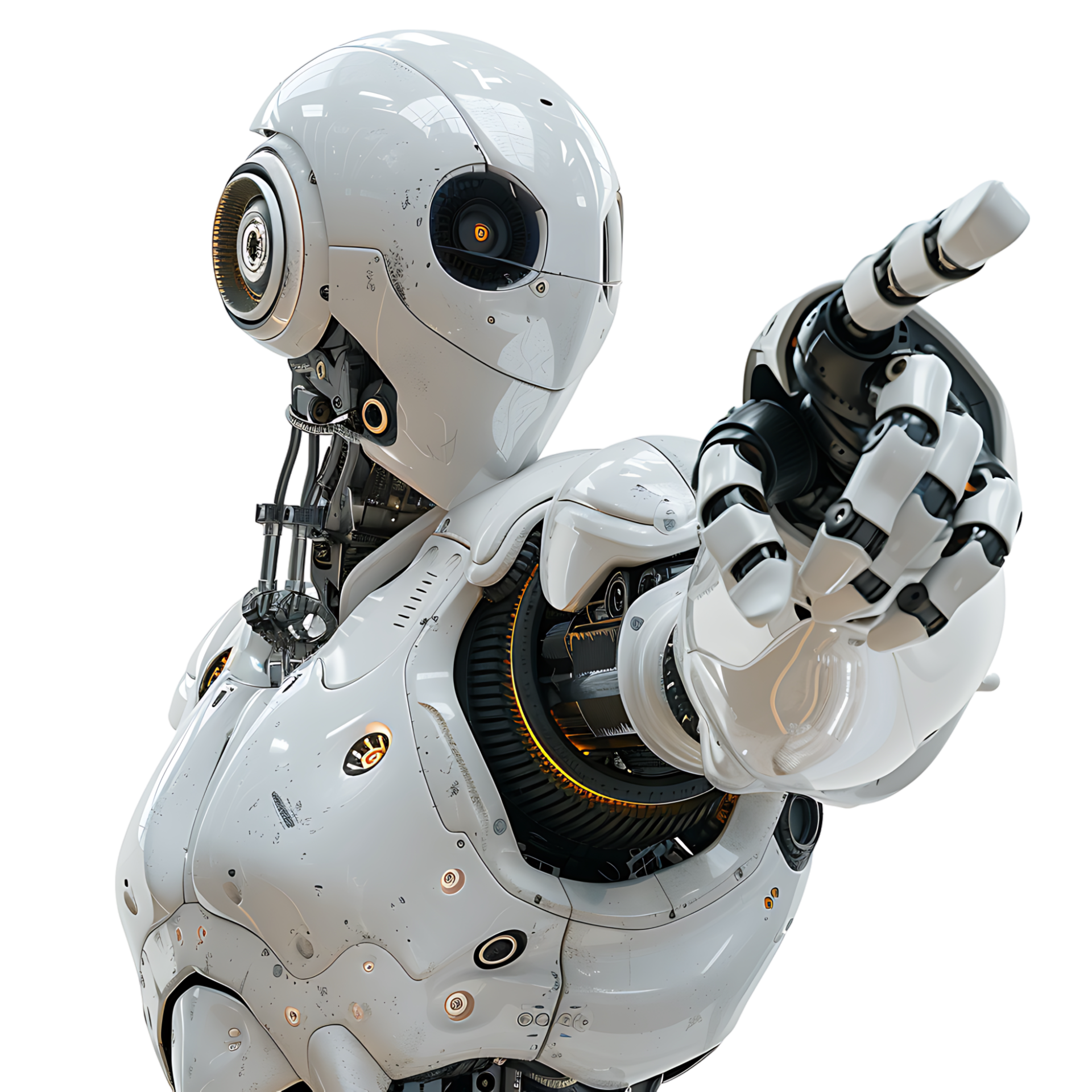 Ai android robot pointing hand at front on isolated transparent background 44278443 PNG
