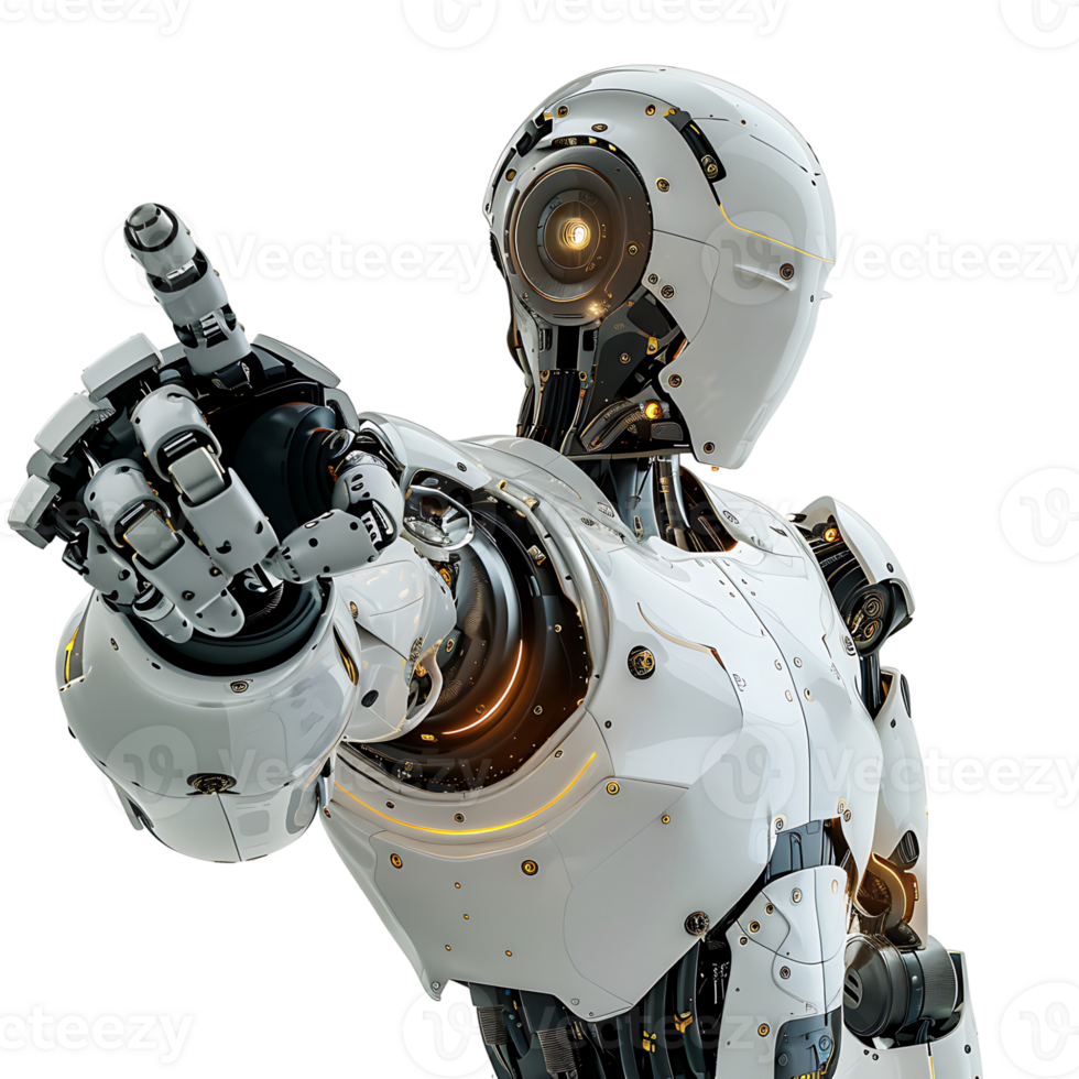 Ai android robot pointing hand at front on isolated transparent background 44279017 PNG