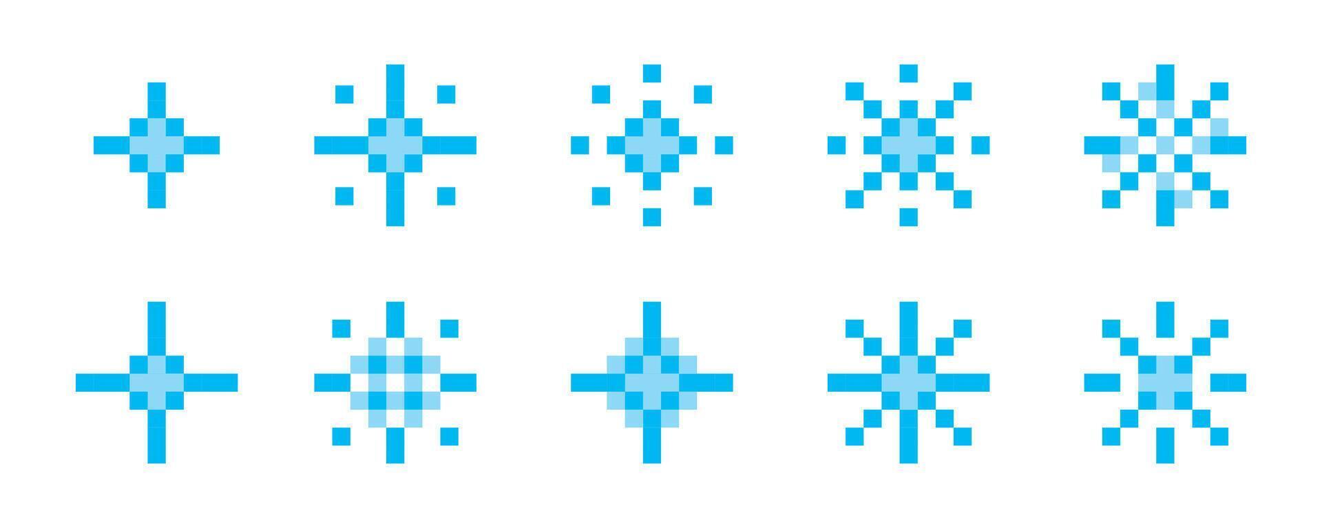 Pixel star set. Shiny stars pixel art icon set. 8-bit stars. Pixelated stars. Sparkling stars ...