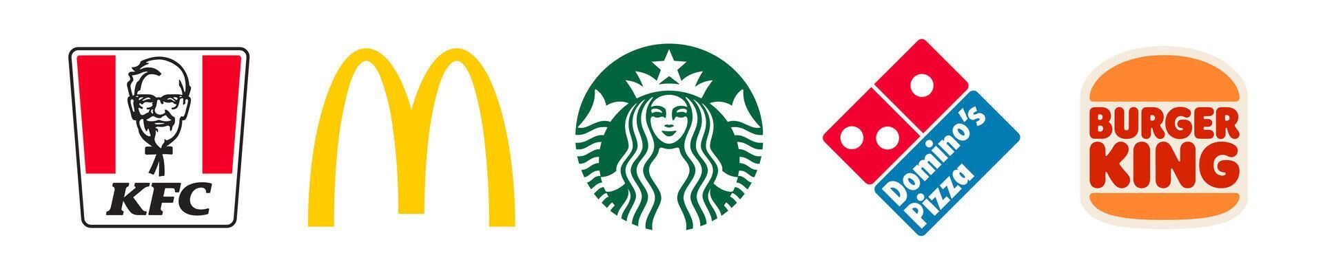 Top fast food brand logos. Popular fast food restaurants logo set McDonald's, KFC, Burger King ...