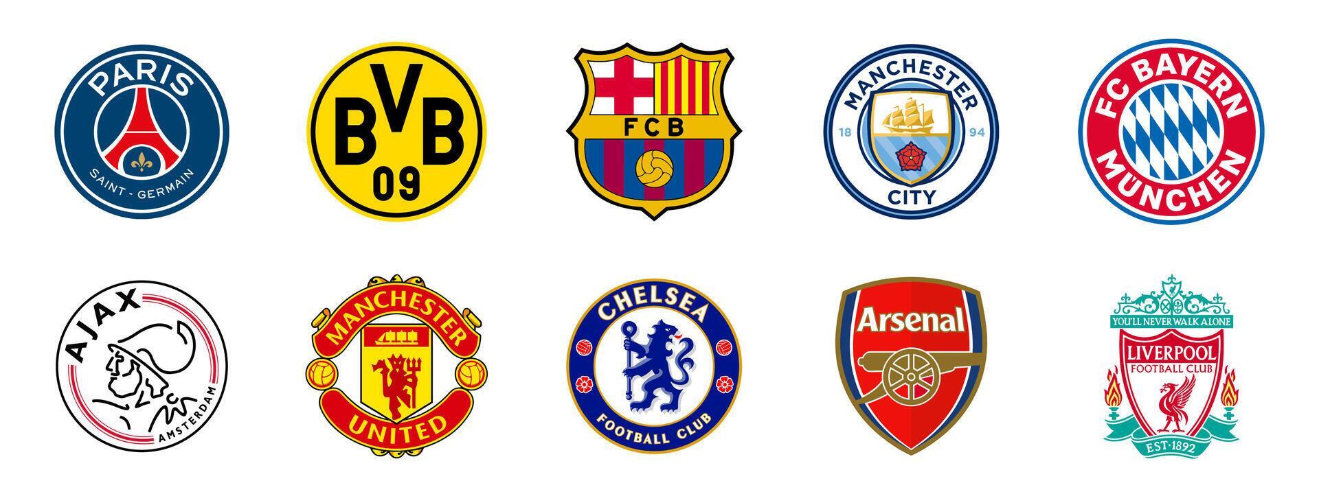 UEFA Champions League team logo set. PSG, real madrid, barcelona, chelsea, manchester city ...