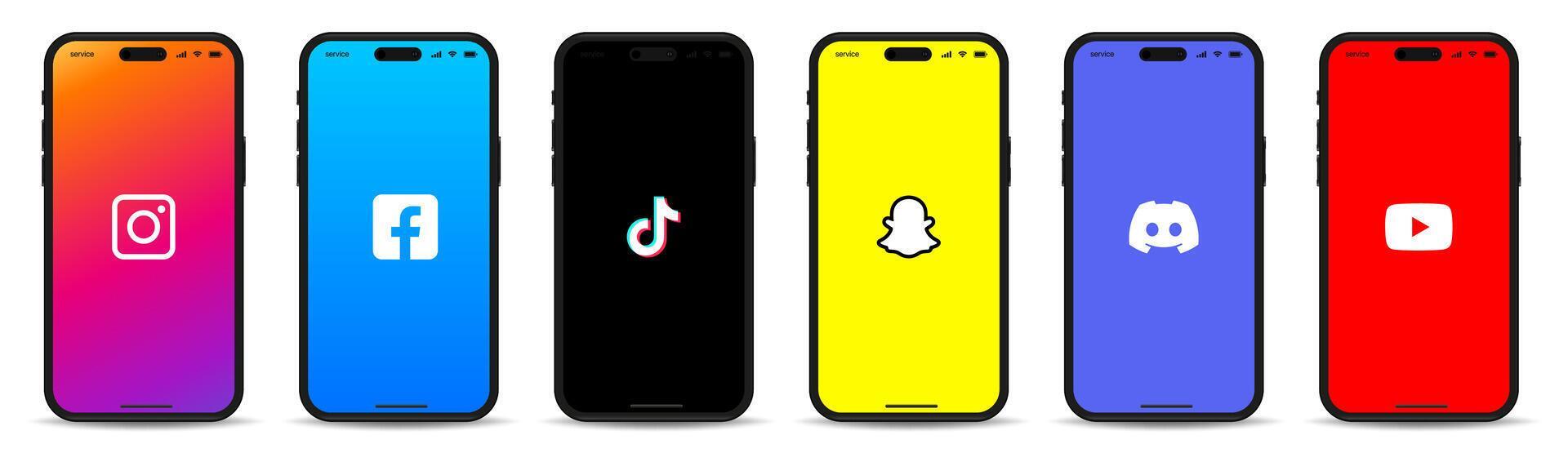 Popular social media logos on device screen. Instagram, Facebook, Tik-tok, Threads, Twitter ...