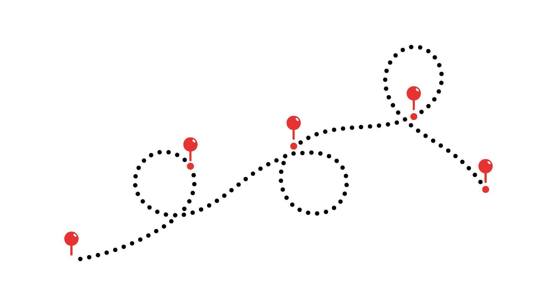 Dotted line path with location map pins. Line path with pointers. Dotted pathway. Airplane ...