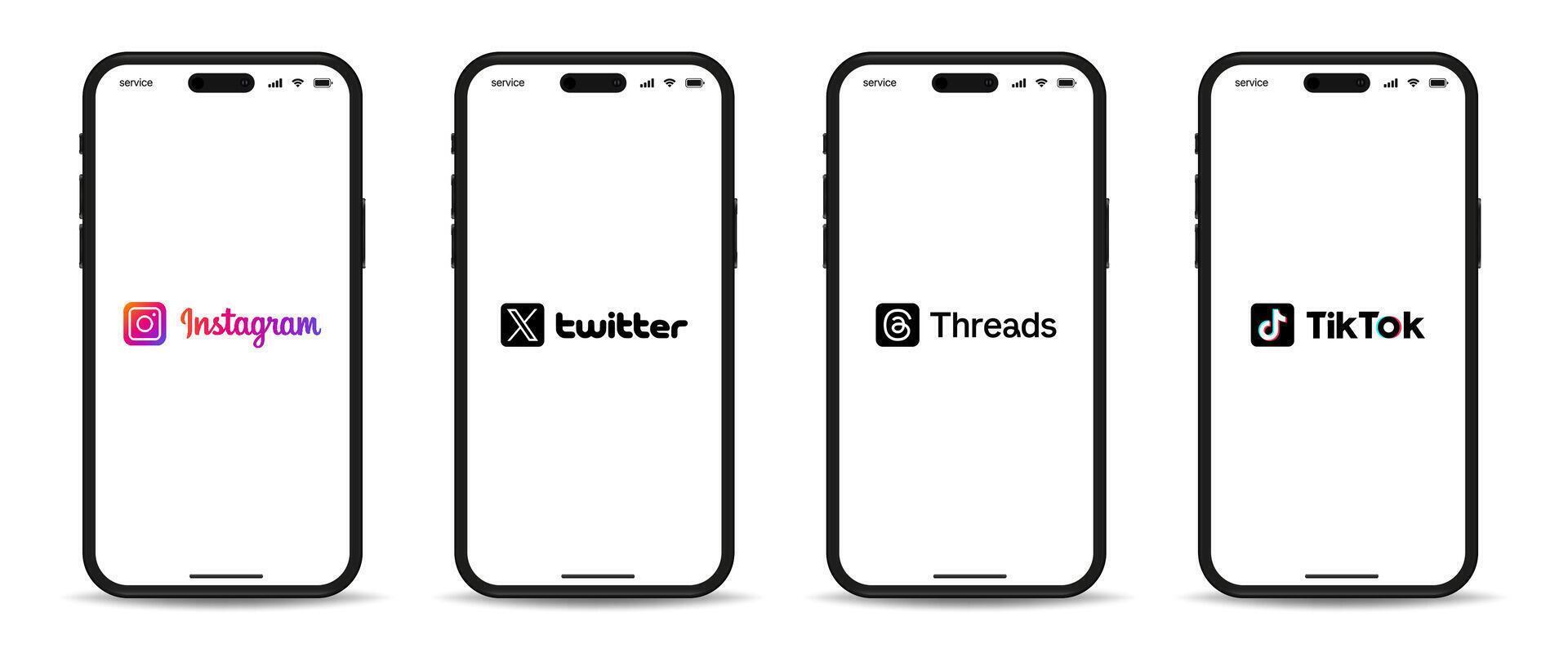 Popular social media logos on device screen. Instagram, Facebook, Tik-tok, Threads, Twitter ...