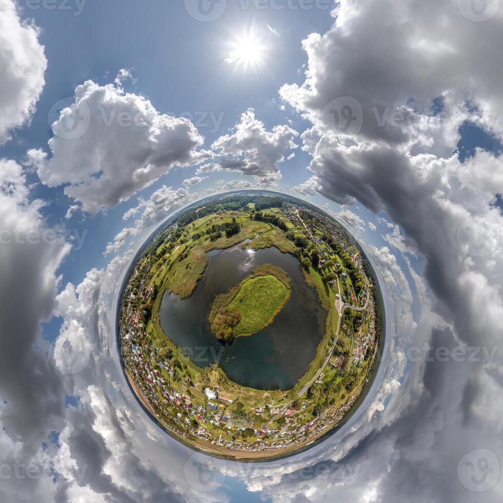 simple tiny planet without buildings in blue sky with beautiful clouds ...