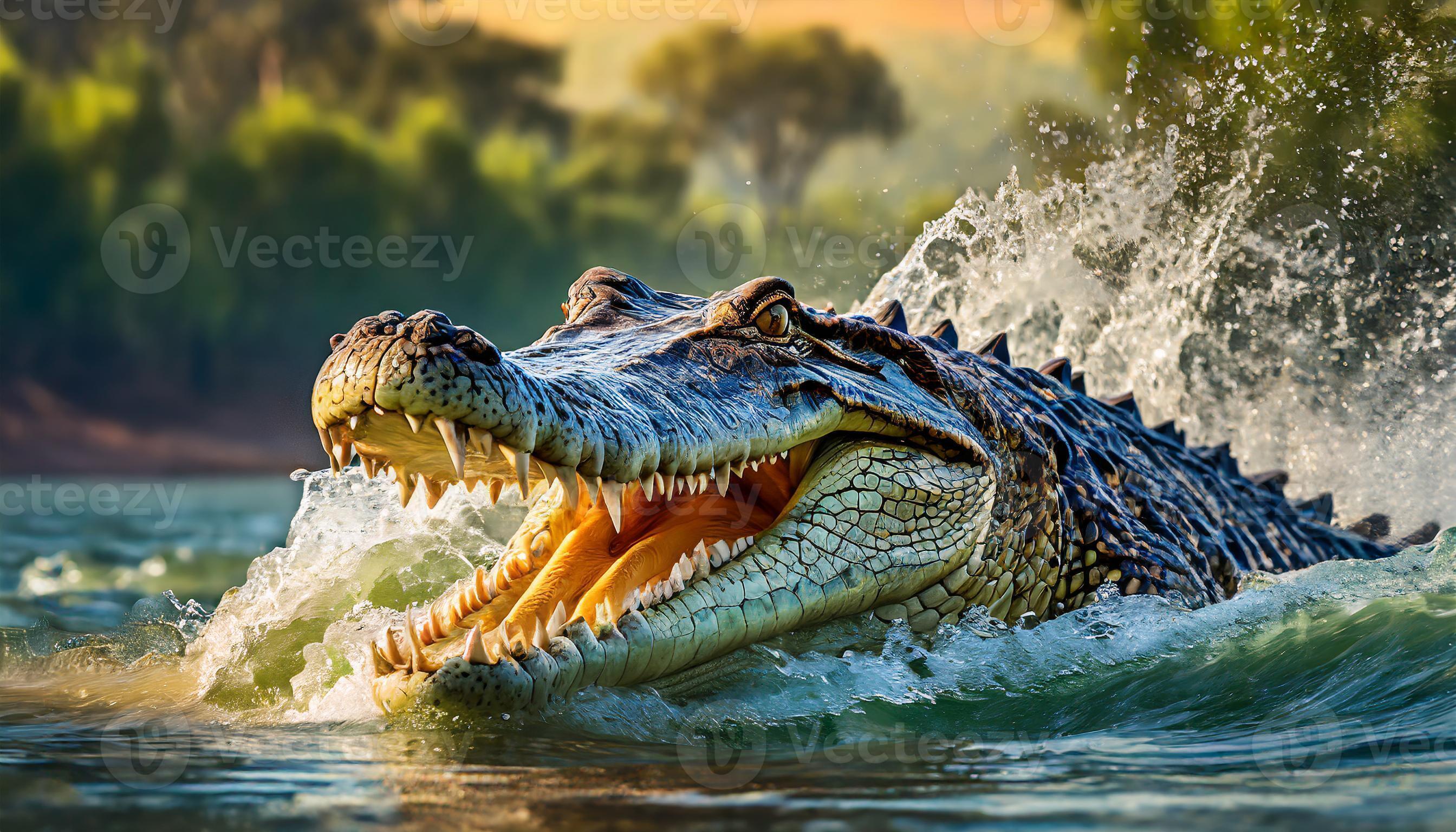A saltwater crocodile opens its jaws as it erupts out of the Hunter ...