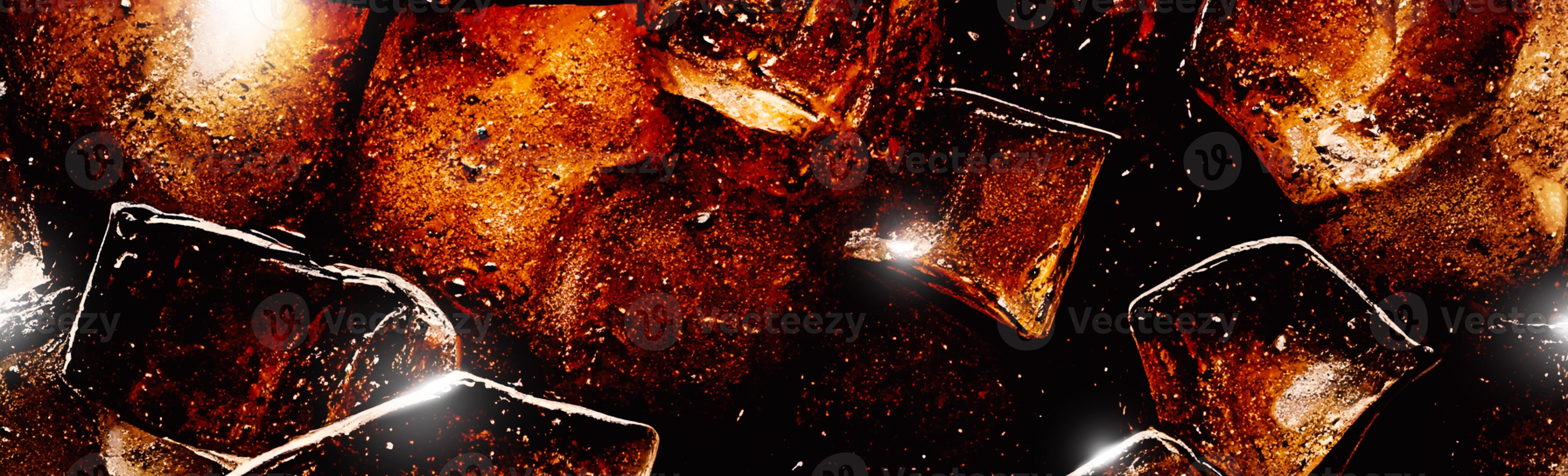 Cola with Ice. Close up of the ice cubes in cola water. Texture of carbonate drink with bubbles ...