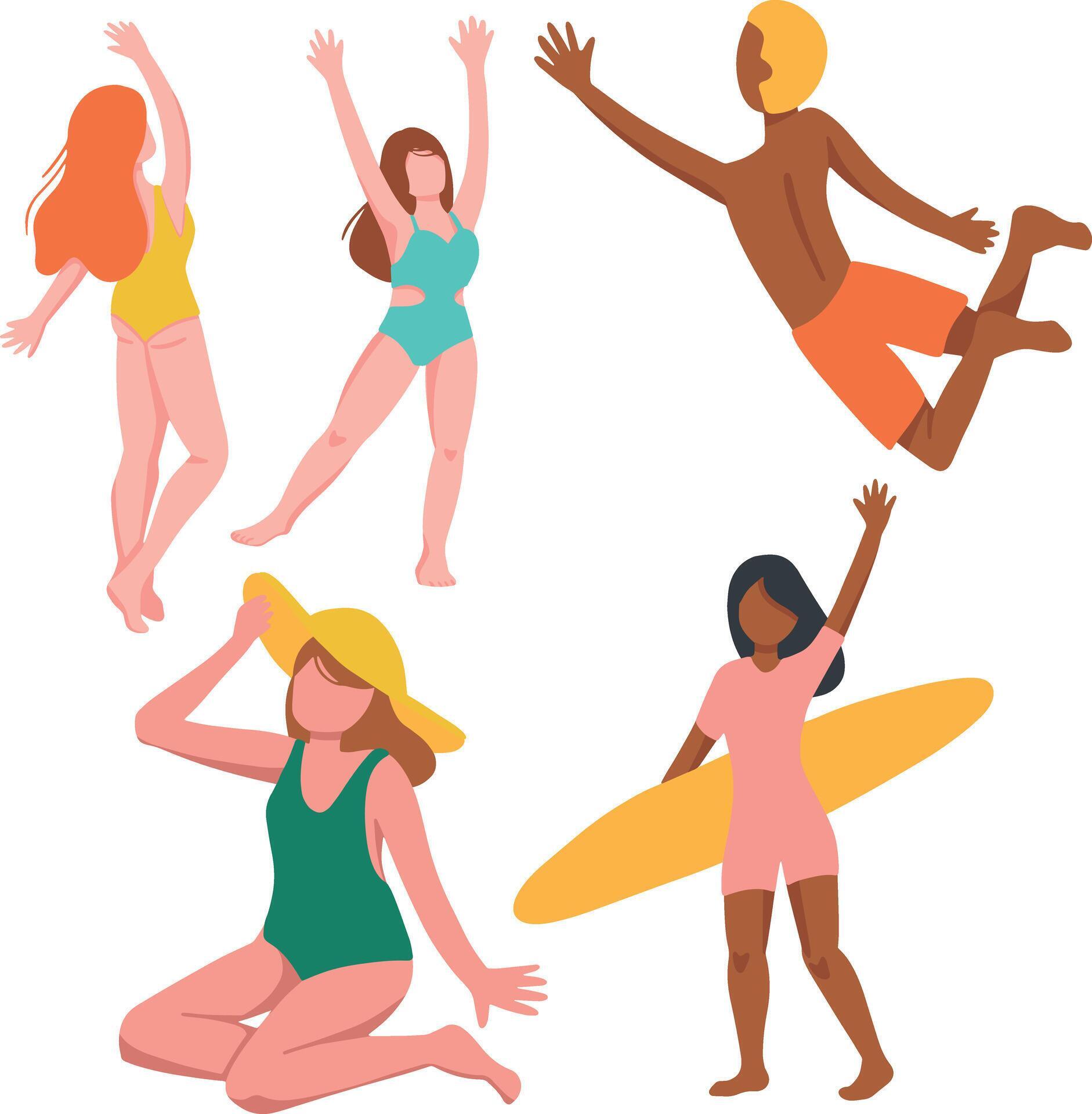 Men Women Playing Summer Beach Volleyball Set Volley Ball Players In